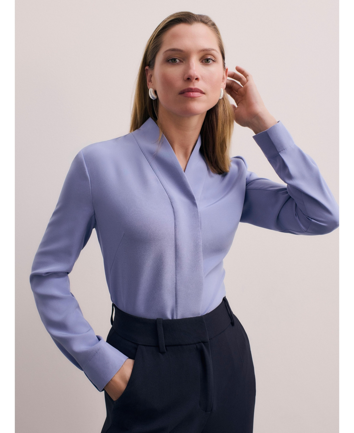 Click here for The Fold Womens Bowery Stretch Silk Blouse - Blue prices