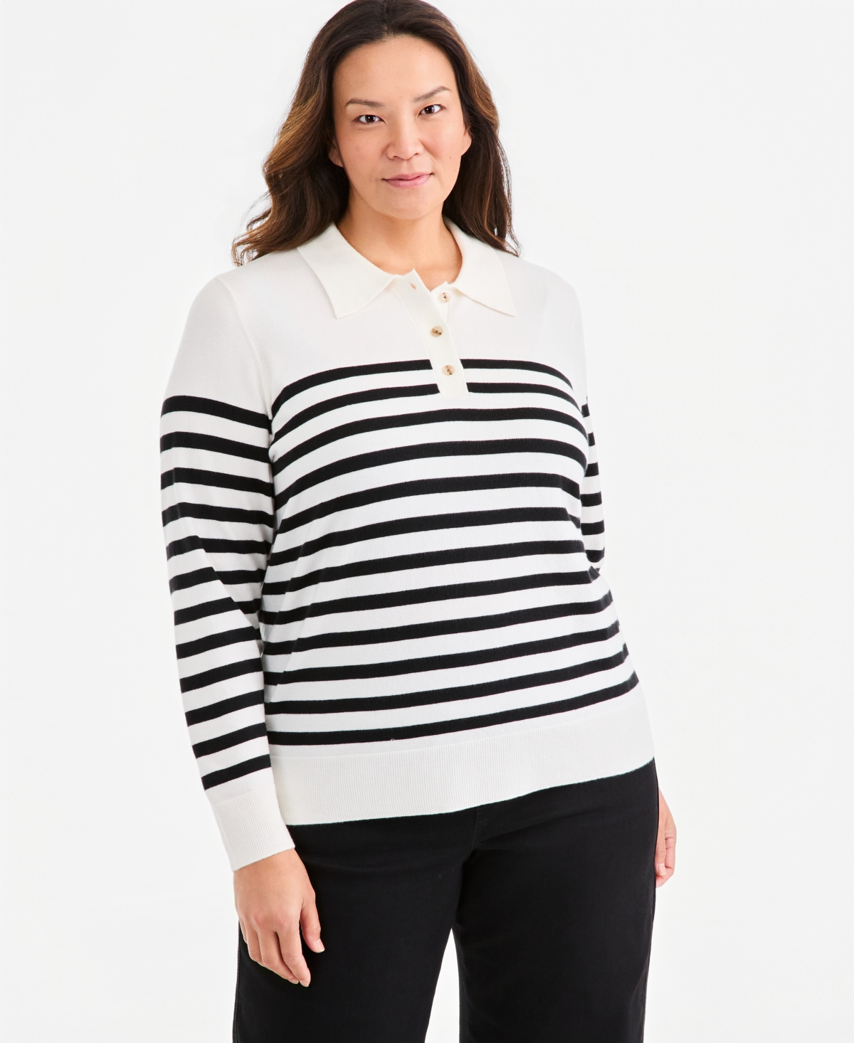 Click here for Style & Co Plus Size Striped Long-Sleeve Polo Swea... prices