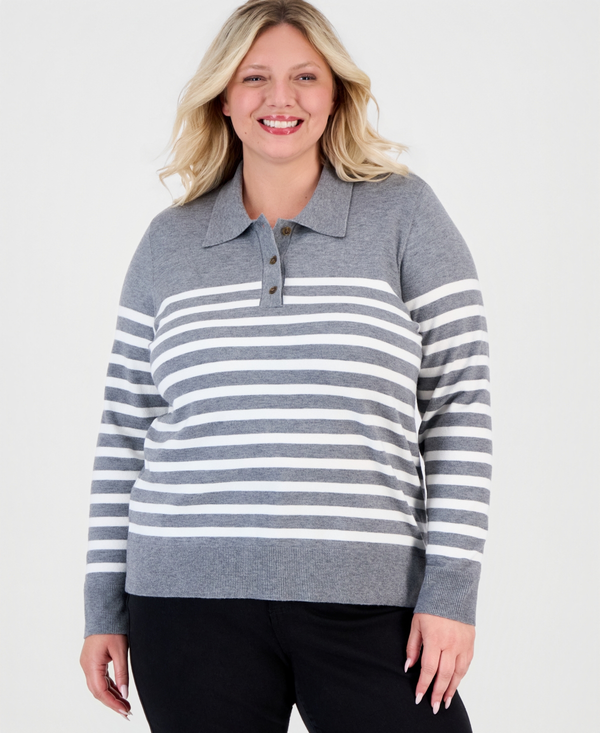 Click here for Style & Co Plus Size Striped Long-Sleeve Polo Swea... prices