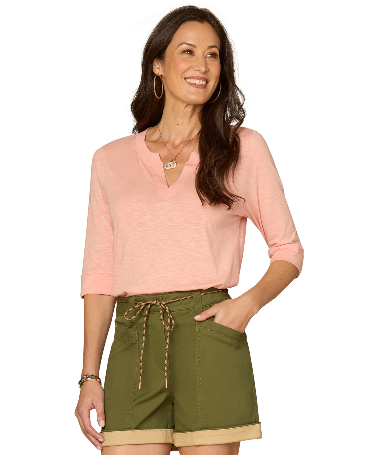 Click here for Democracy Petite 3/4-Sleeve Split Neckline Knit To... prices