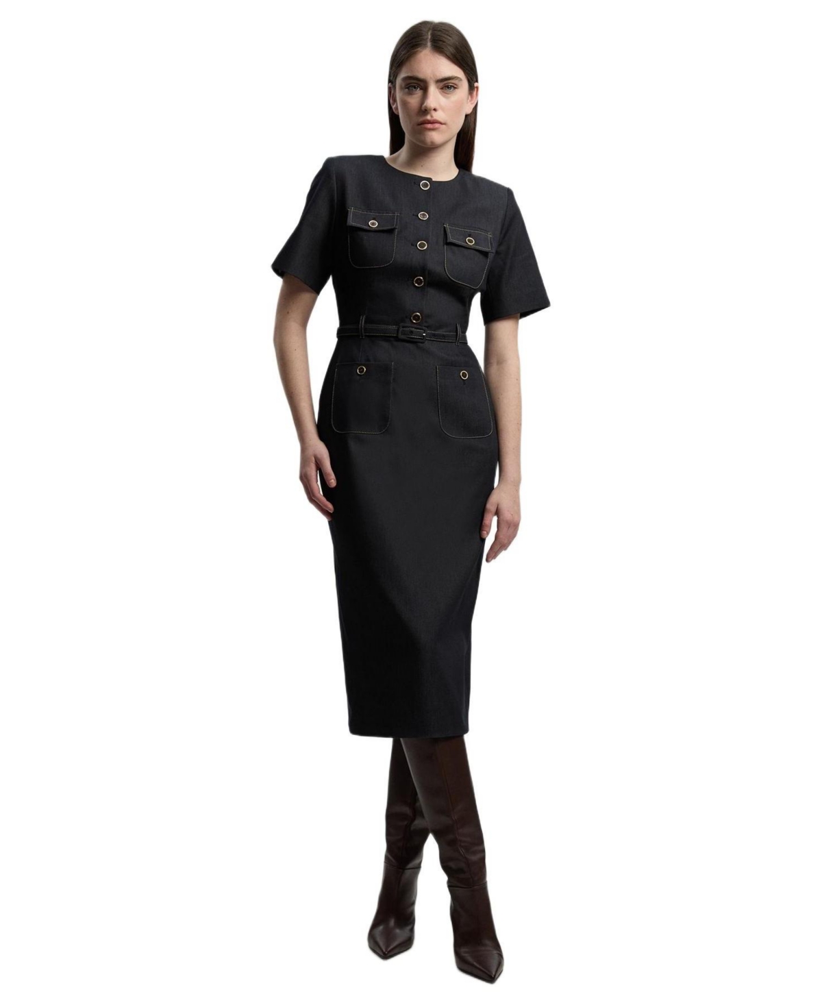 Click here for Karen Millen Womens Tailored Denim Belted Midi Dre... prices