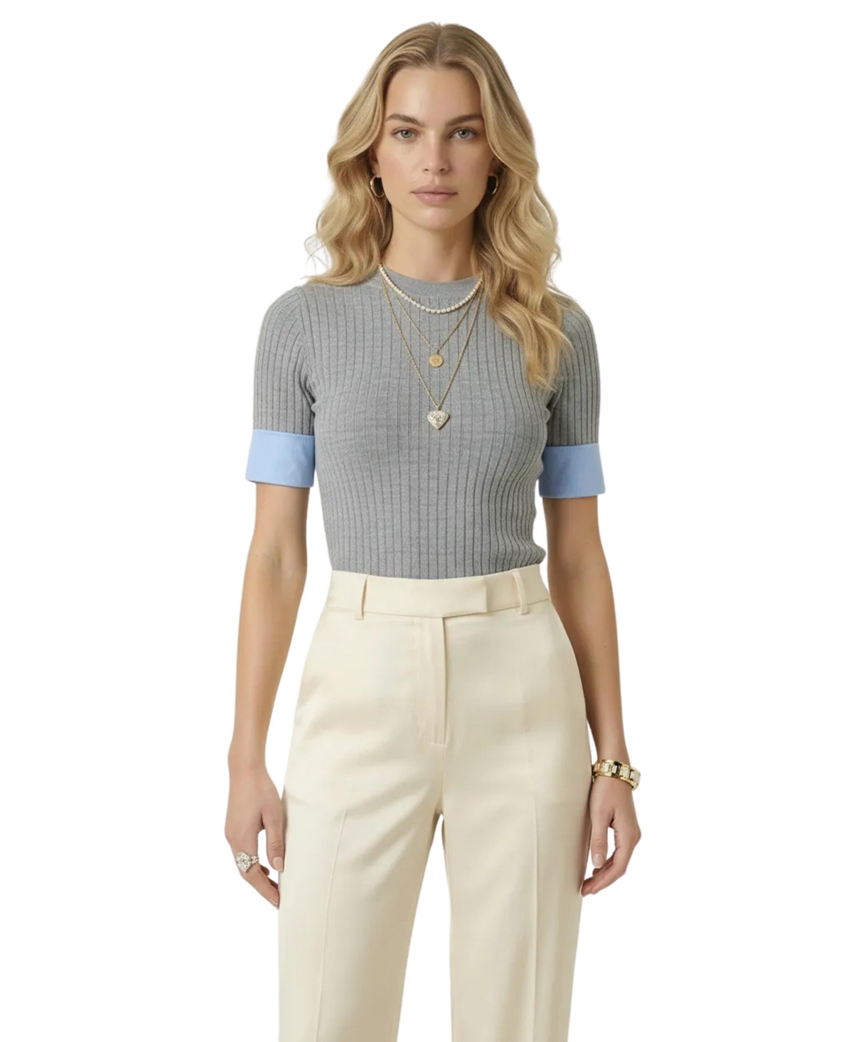 Click here for Modenaire Womens Ribbed Knit Contrast Cuff Top - H... prices