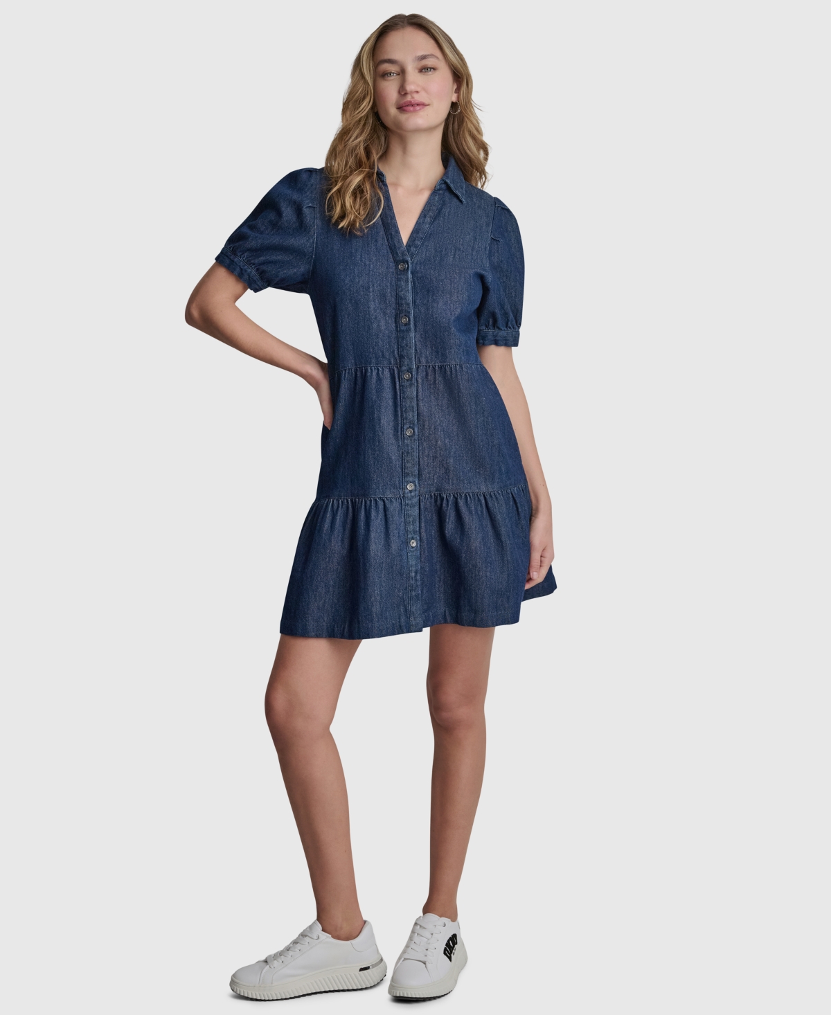Click here for Dkny Jeans Womens Tiered Puff-Sleeve Collared Deni... prices
