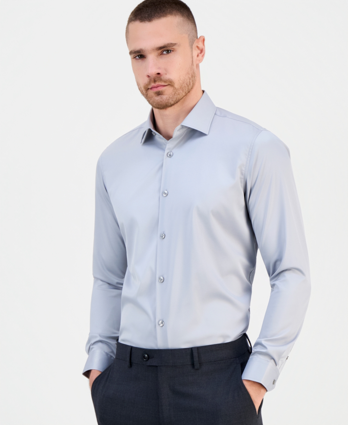 Suslo Couture Mens Slim-Fit Solid Four-Way Stretch Dress Shirt - Silver