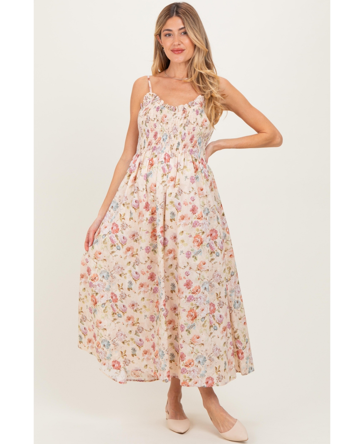 Click here for Pinkblush Womens Cream Floral Smocked Ruffle Detai... prices