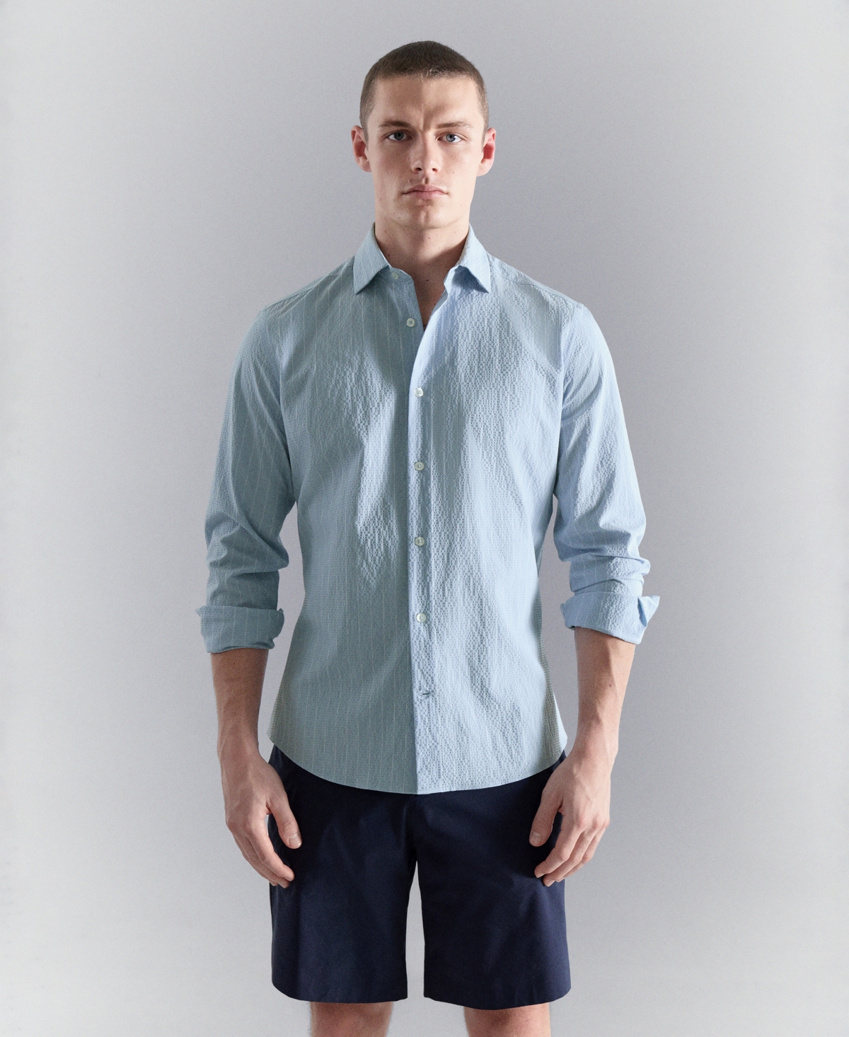 Click here for Mango Mens Wrinkled-Effect Pinstripe Shirt - Sky B... prices