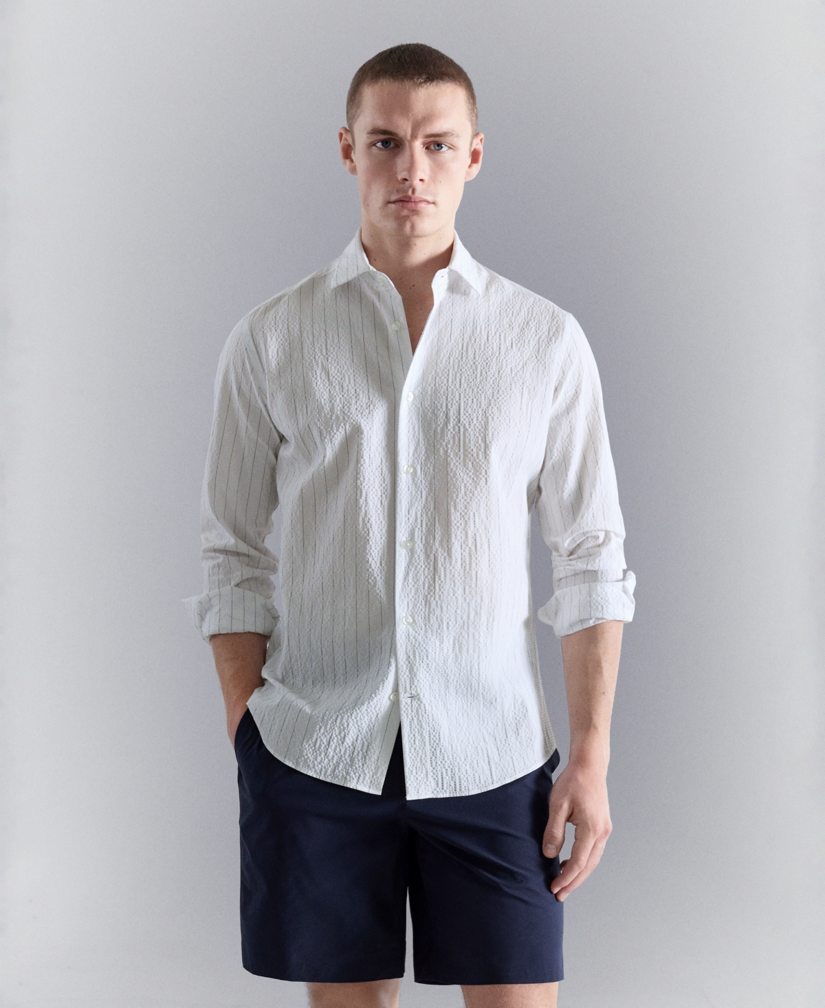 Click here for Mango Mens Wrinkled-Effect Pinstripe Shirt - White prices