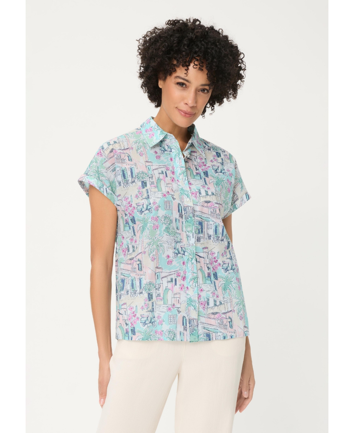 Click here for Olsen Womens Italian Villa Print Shirt - Pool blue prices