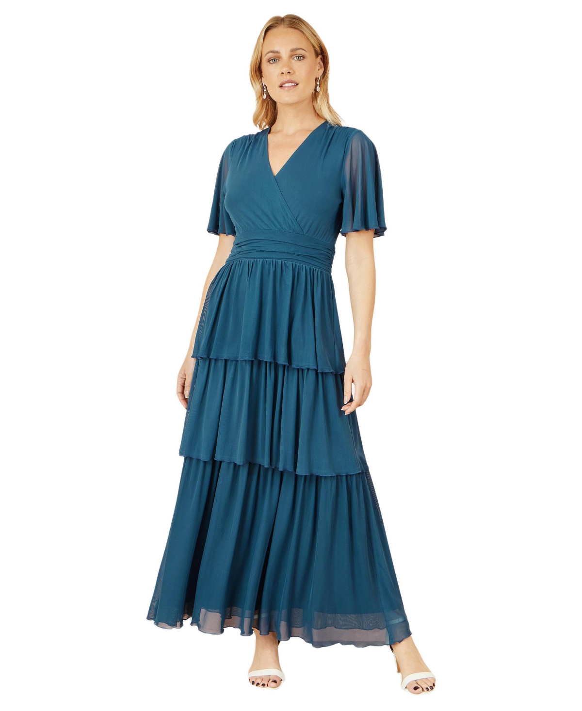 Click here for Yumi Womens Mesh V-Neck Tiered Maxi Dress - Teal prices