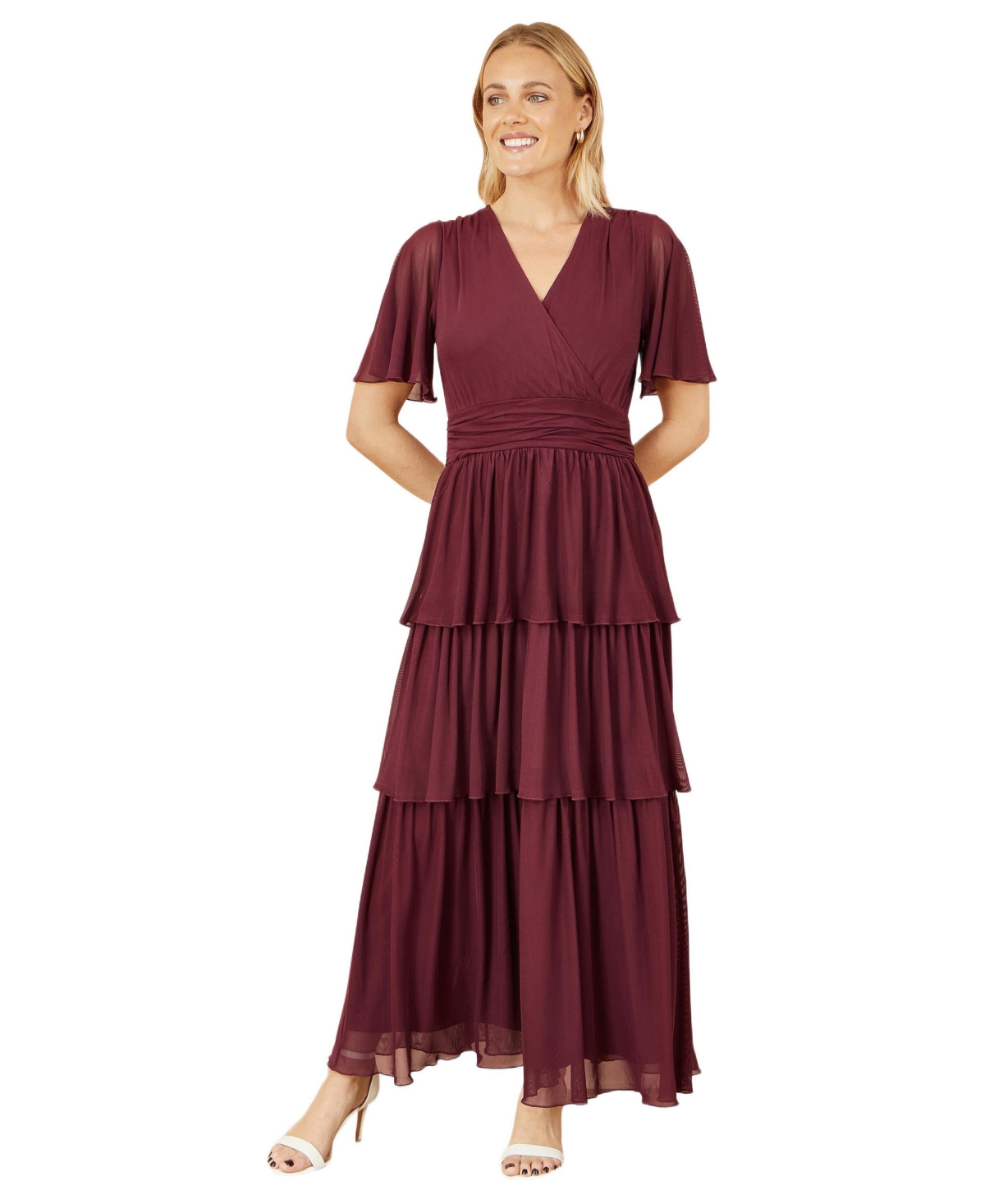Click here for Yumi Womens Mesh V-Neck Tiered Maxi Dress - Burgun... prices