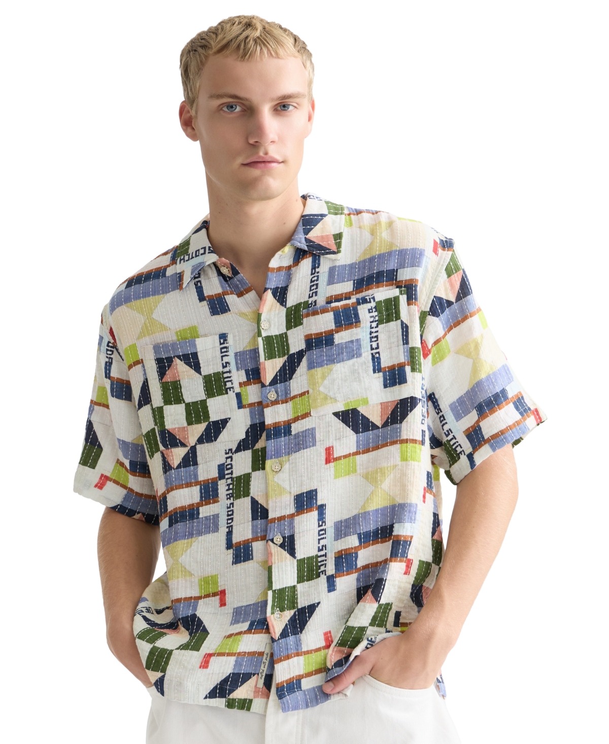 Click here for Scotch & Soda Mens Print Stitch Short-Sleeve Shirt... prices