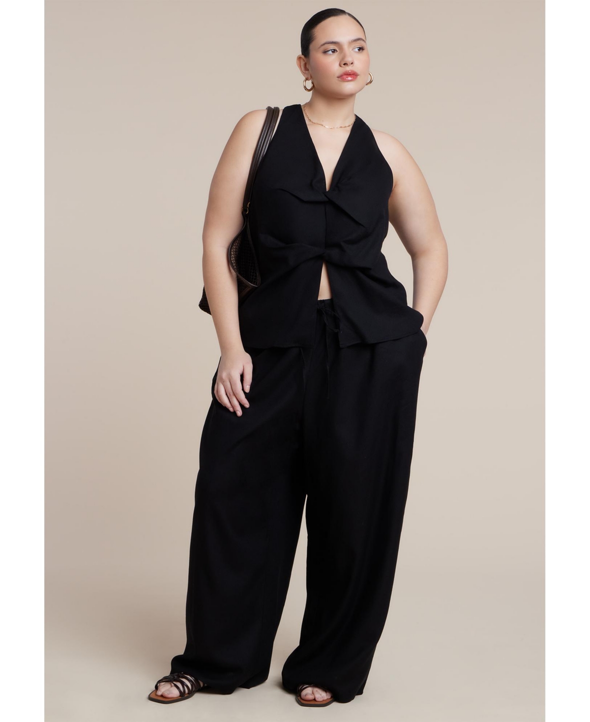 Click here for Eloquii Womens Drawstring Wide Leg Linen Pant - Bl... prices