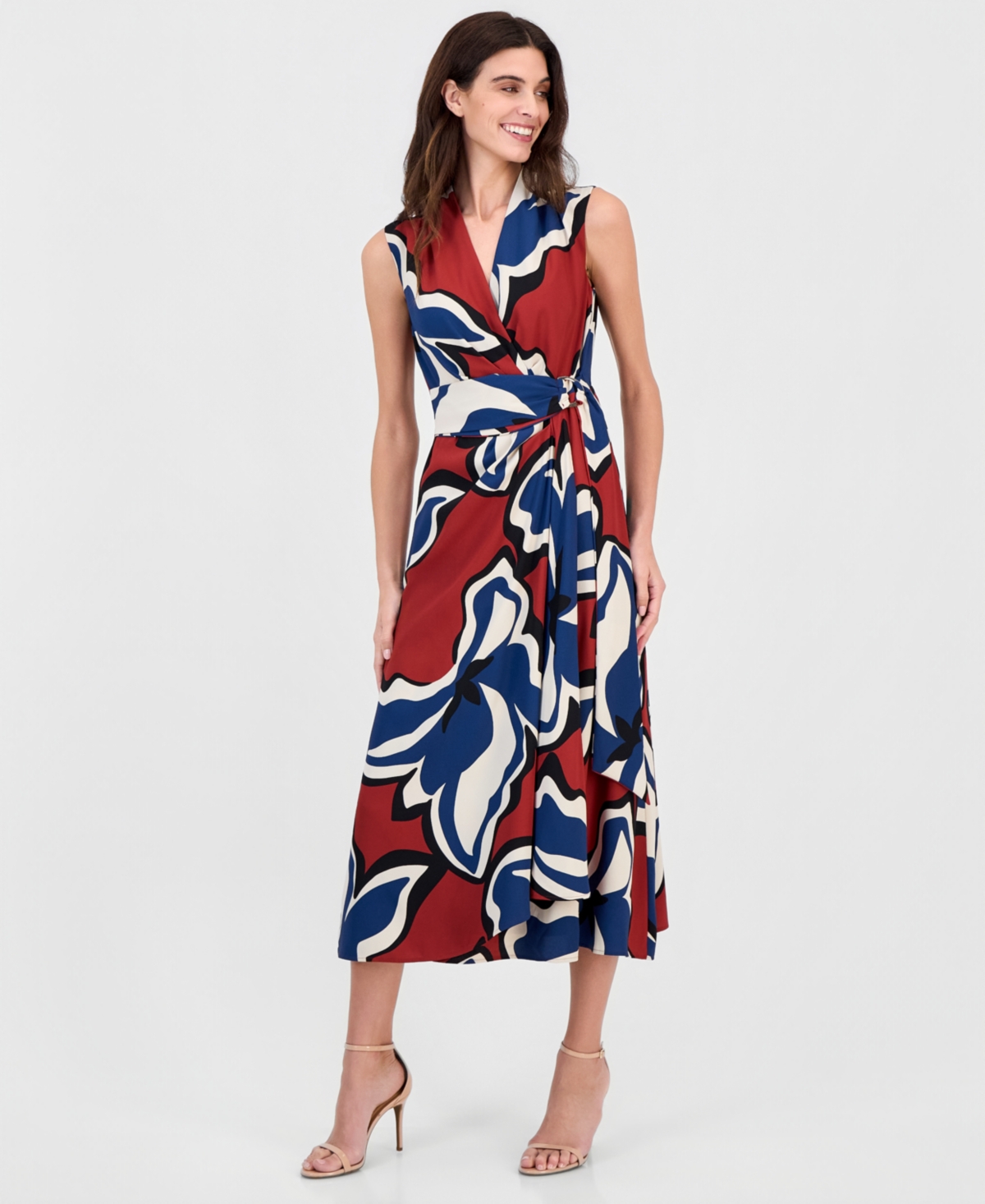 Click here for Anne Klein Womens Printed Faux-Wrap Tie-Waist Midi... prices