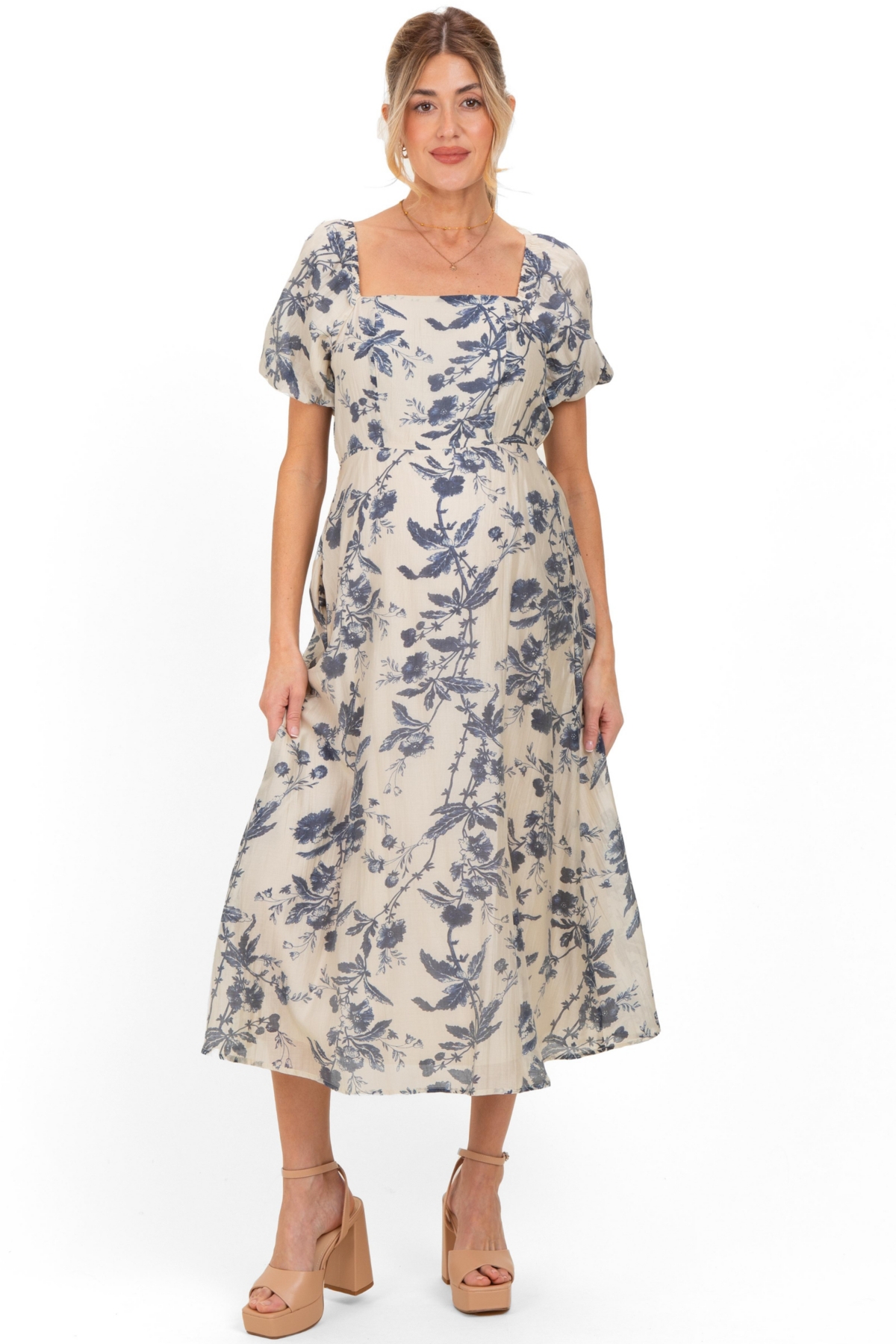 Click here for Pinkblush Womens Navy Blue Floral Square Neck Puff... prices