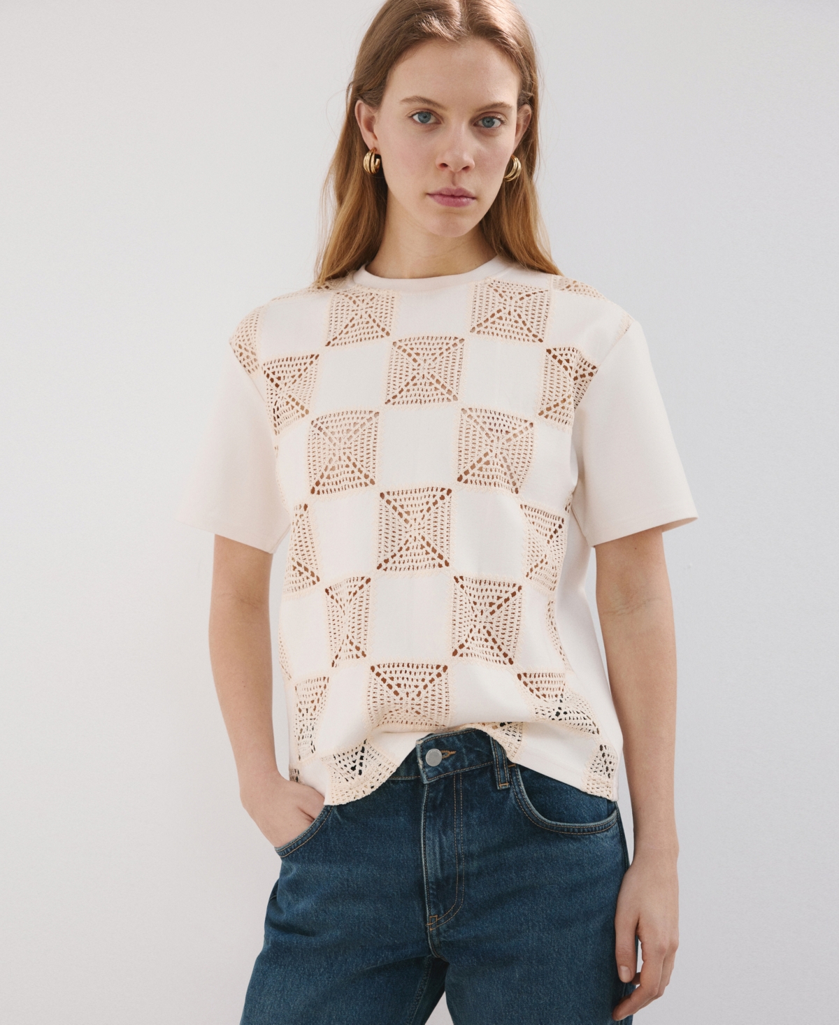 Click here for Mango Womens Printed Crocheted T-Shirt - Off White prices