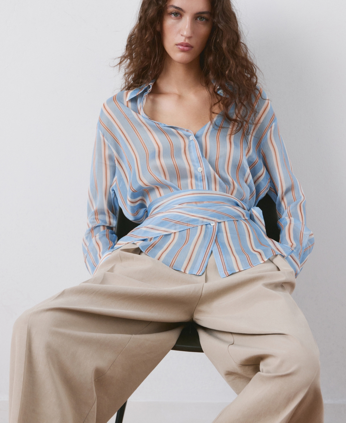 Click here for Mango Womens Scarf Detail Striped Shirt - Blue prices
