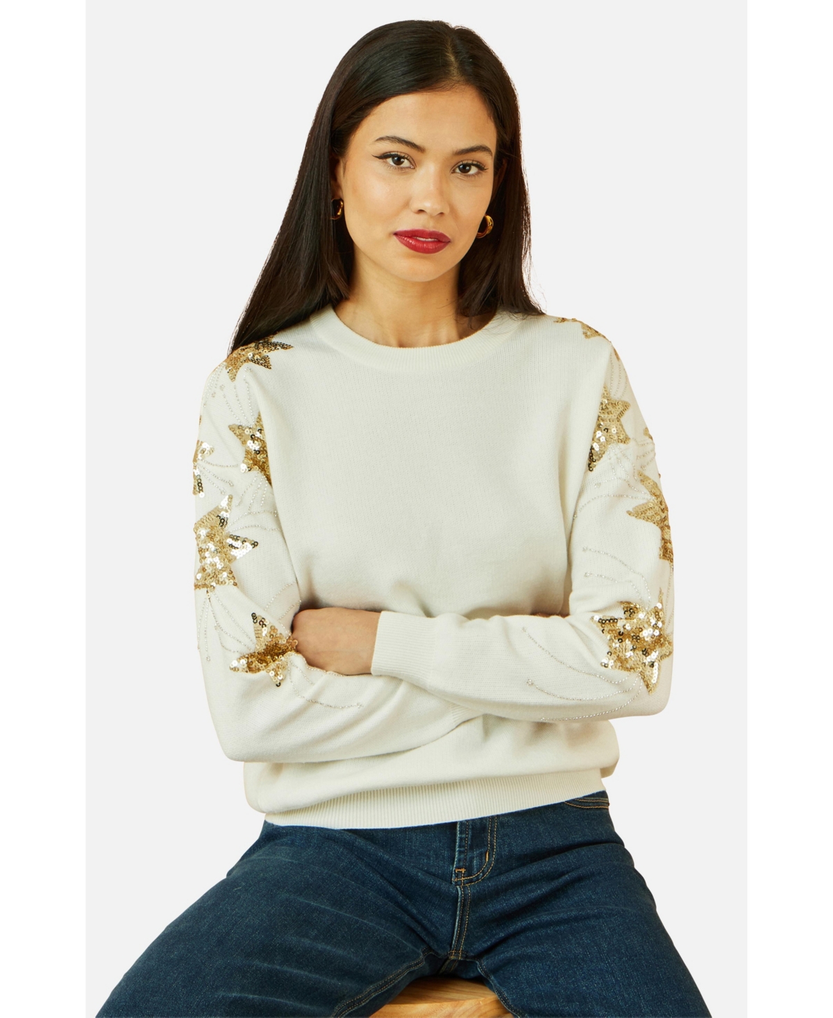 Click here for Yumi Womens Sequin Star Sleeves Jumper - White prices