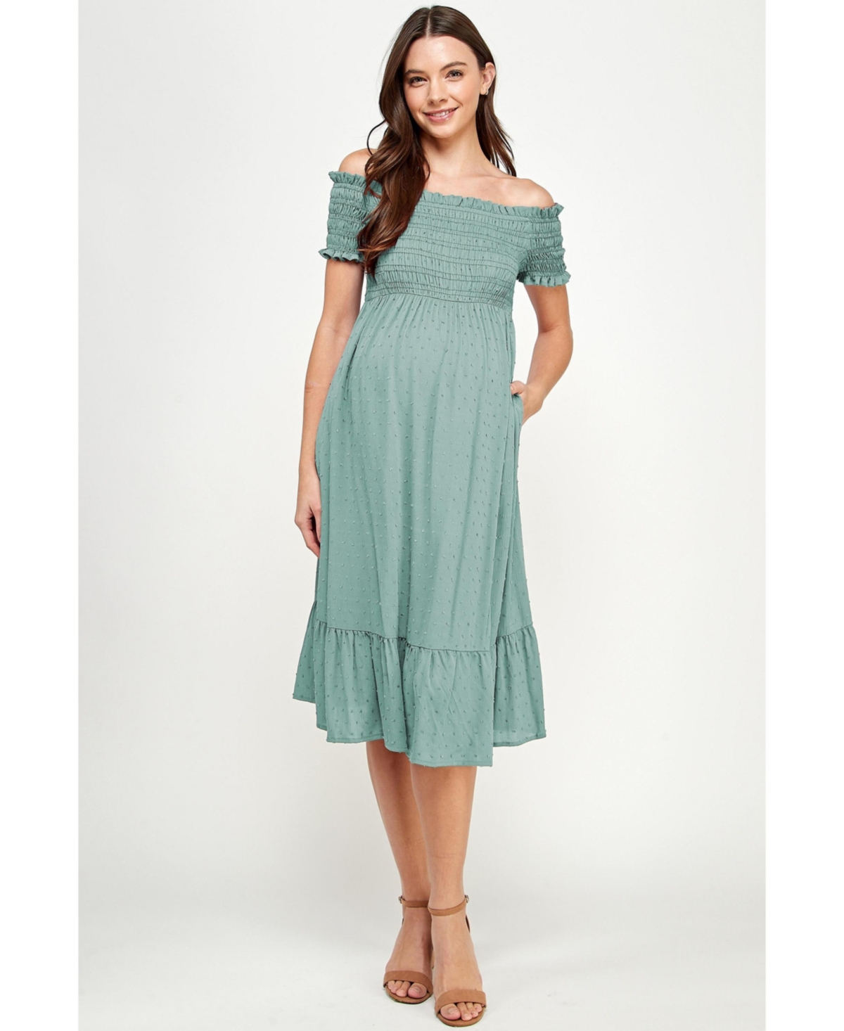 Click here for Hello Miz Maternity Off-the-Shoulder Smocked Swiss... prices