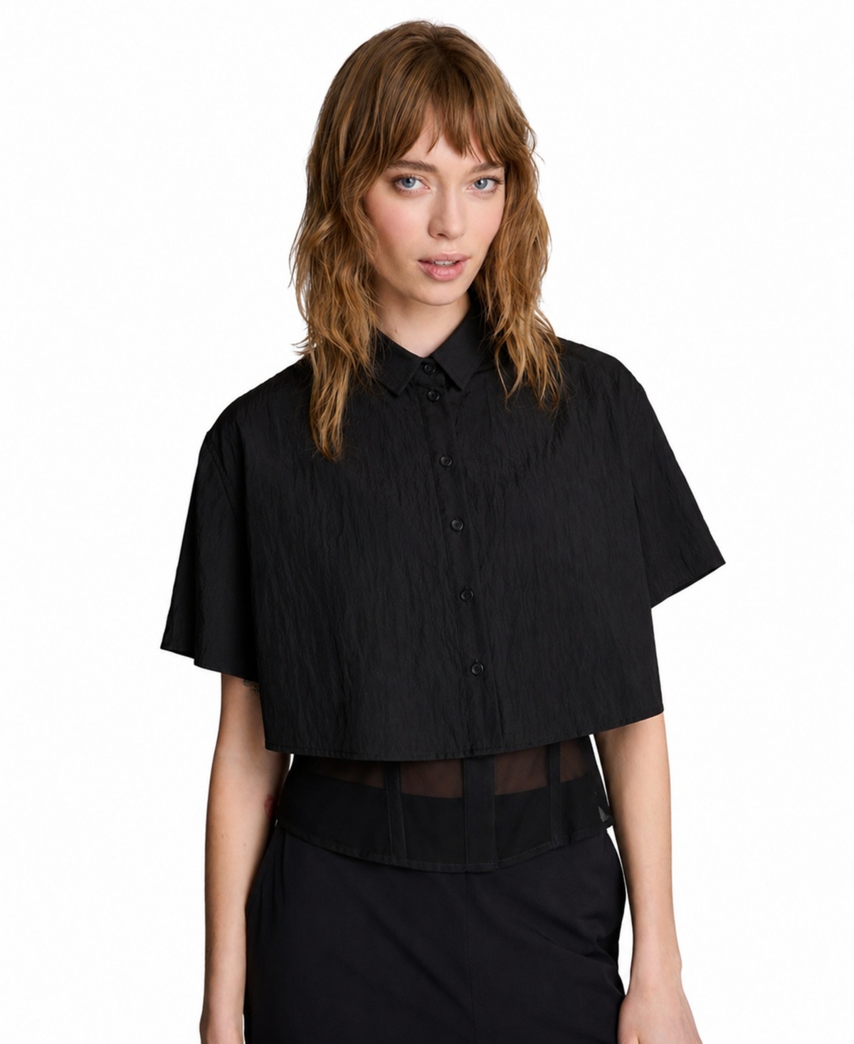 Click here for Kenneth Cole Womens Collared Neck Cropped Boxy Shi... prices