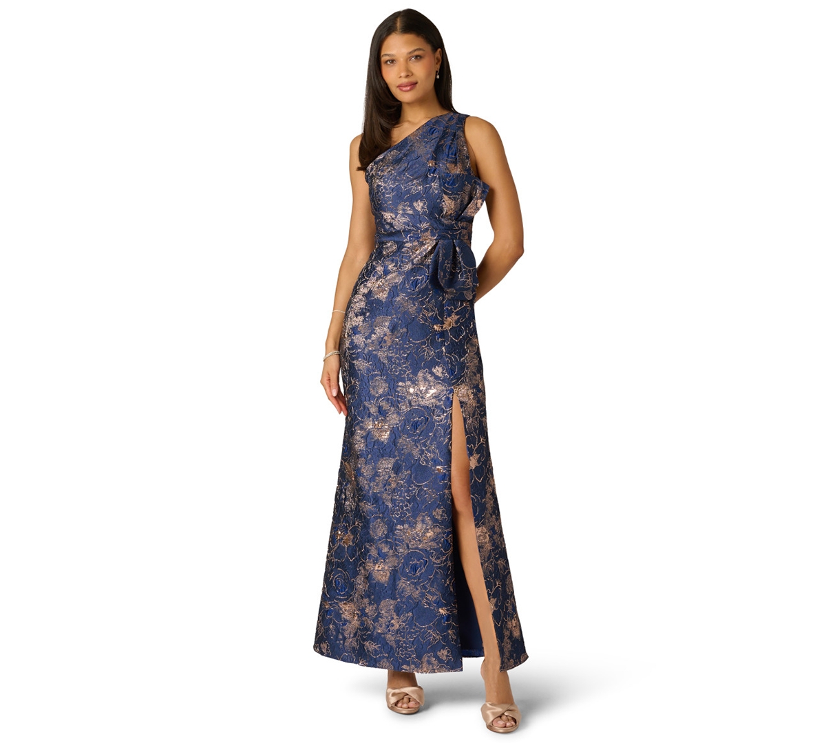 Click here for Adrianna Papell Petite One-Shoulder Side-Slit Gown... prices