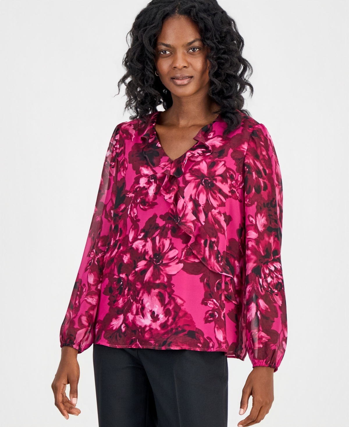 Click here for Kasper Womens Faux-Wrap Ruffle-Front Long-Sleeve B... prices