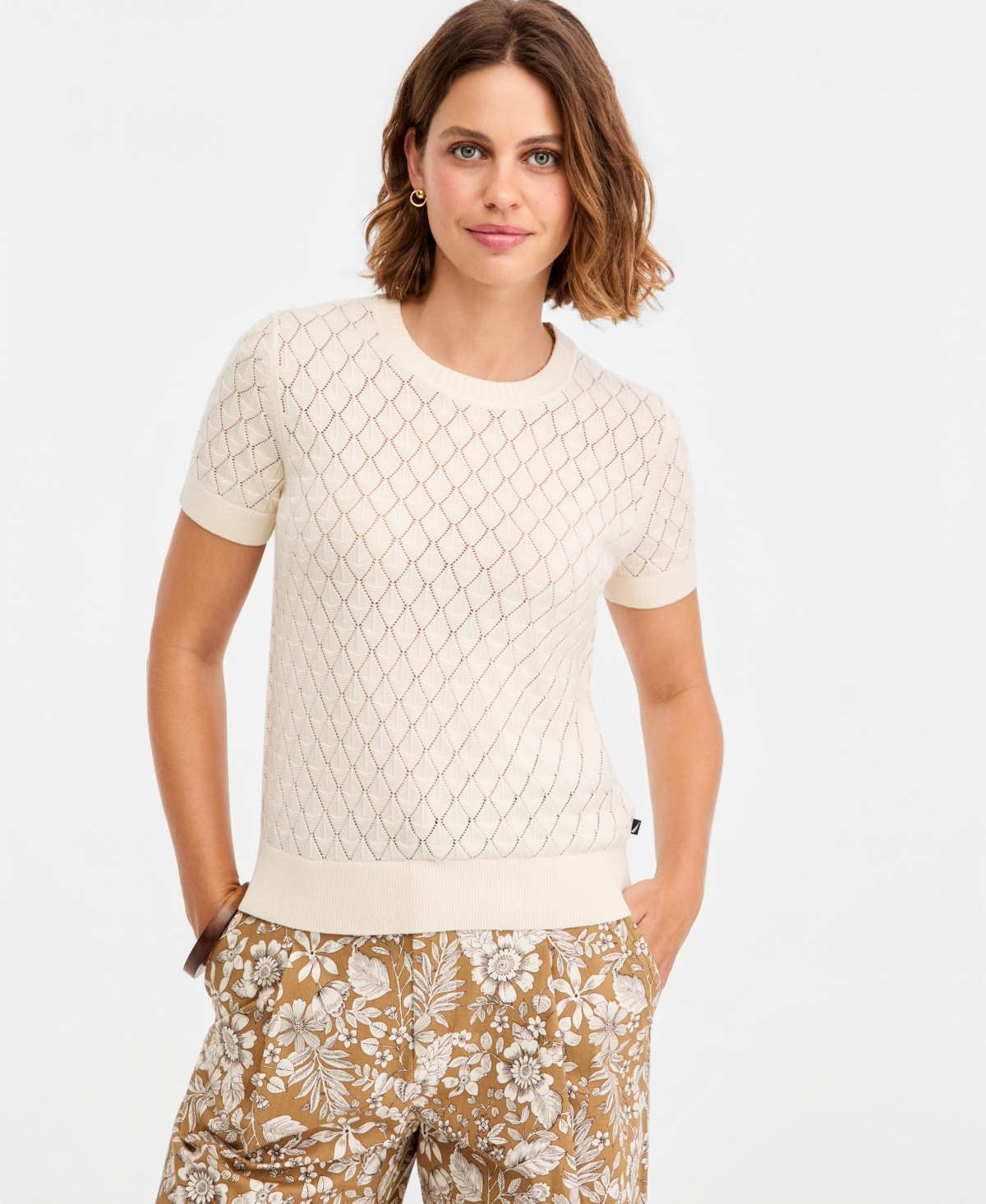 Click here for Nautica Womens Short-Sleeve Pointelle Sweater - Wh... prices