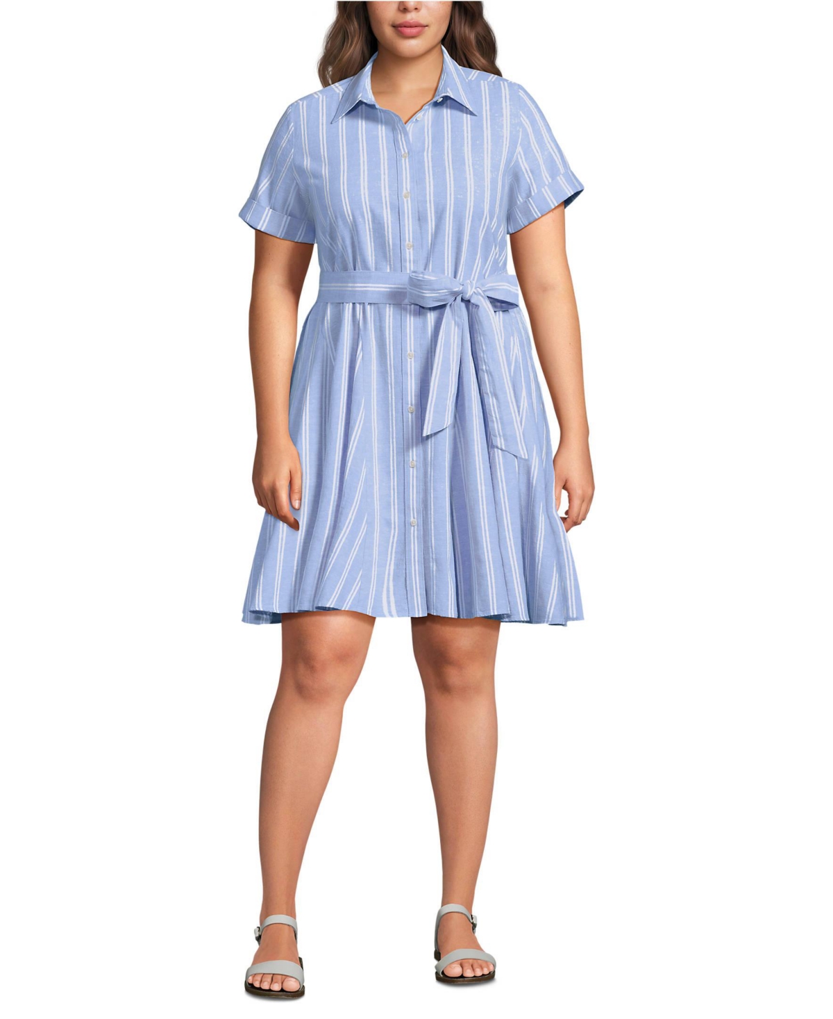 Click here for Lands End Plus Size Linen Blend Button Front Dress... prices