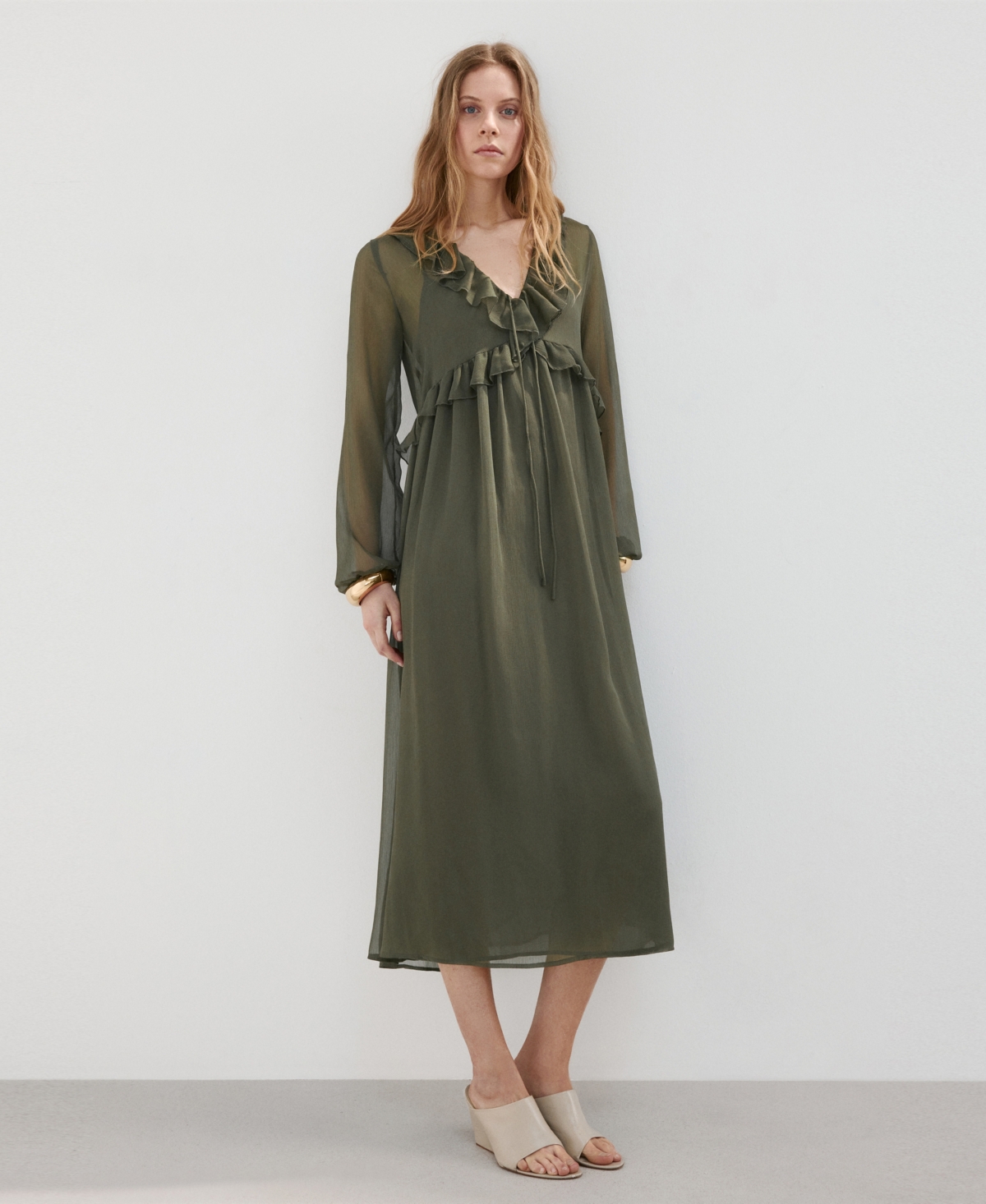 Click here for Mango Womens Ruffles Flowy Dress - Khaki prices