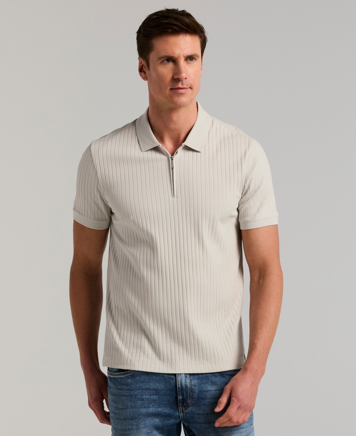 Click here for Perry Ellis Mens Slim-Fit Ribbed-Knit 1/4-Zip Polo... prices