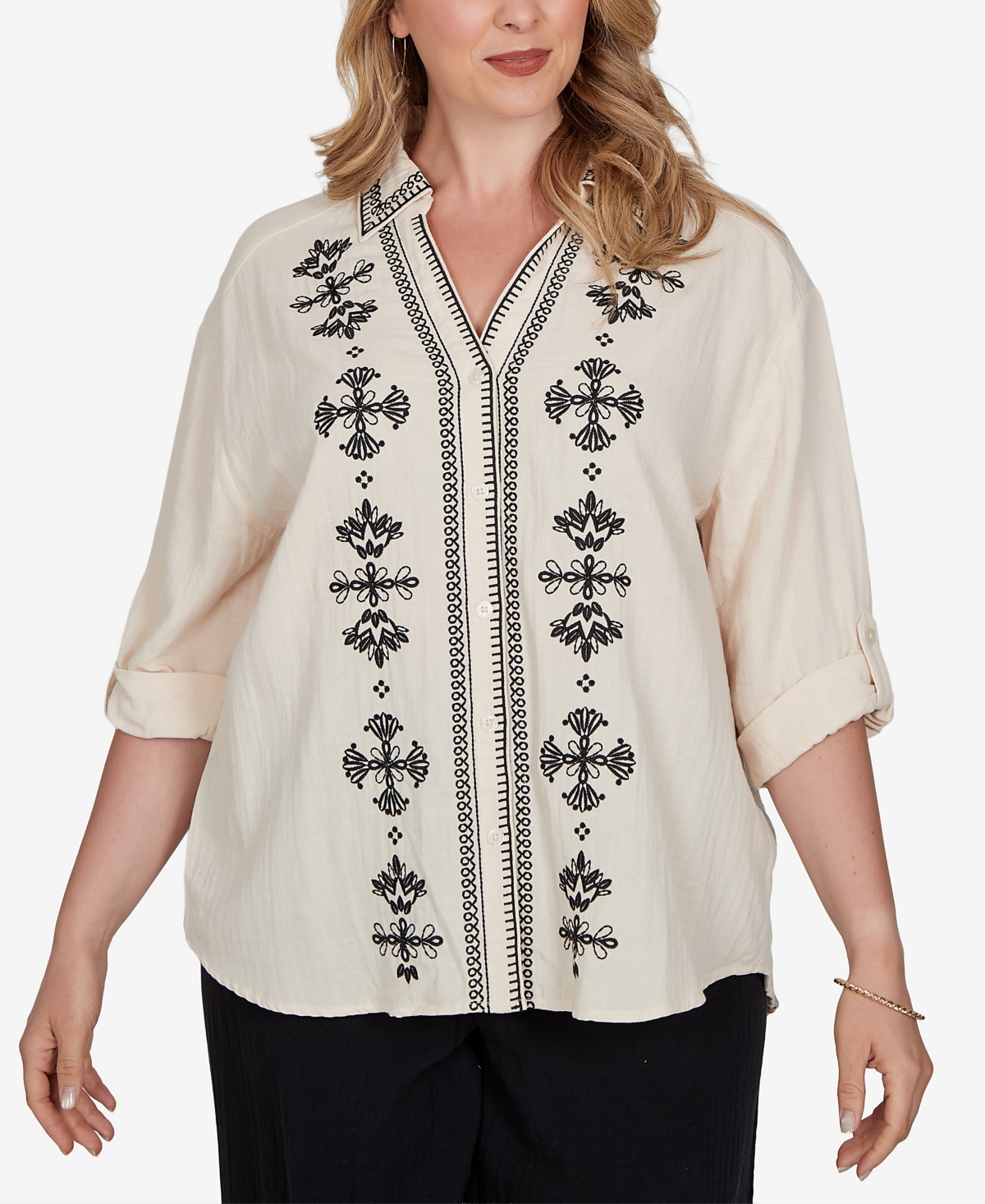 Click here for Ruby Rd. Plus Size Embroidered Gauze Button Front... prices