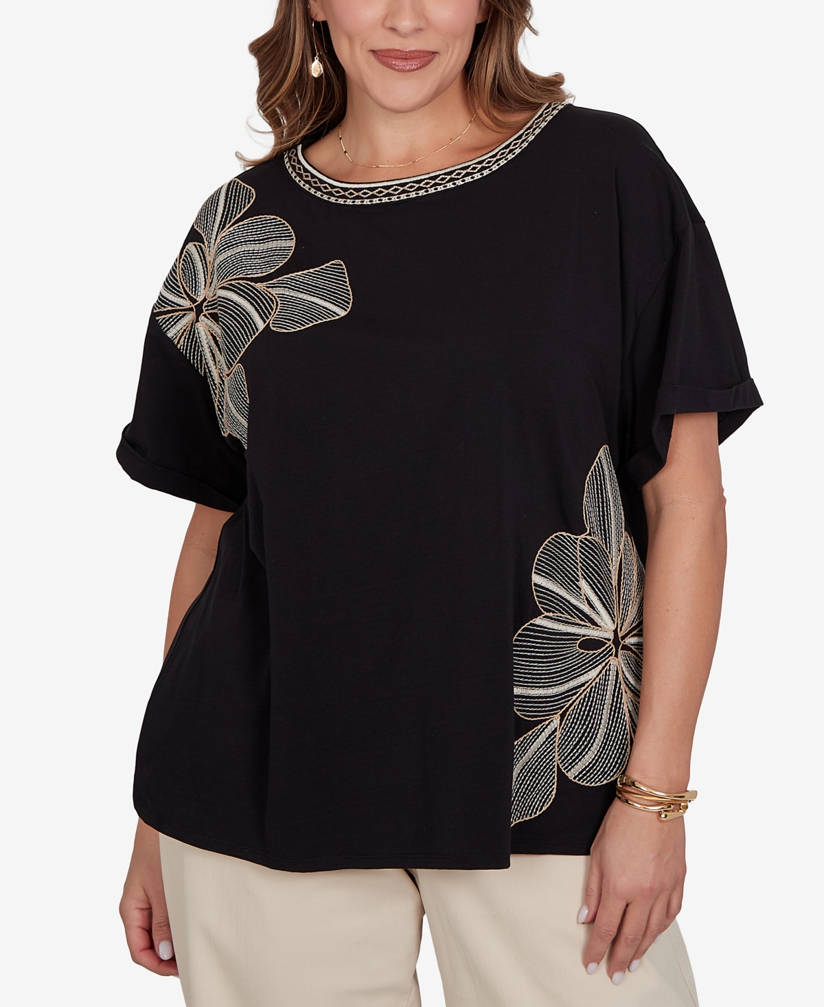 Click here for Ruby Rd. Plus Size Floral Noir Embroidered Knit T-... prices
