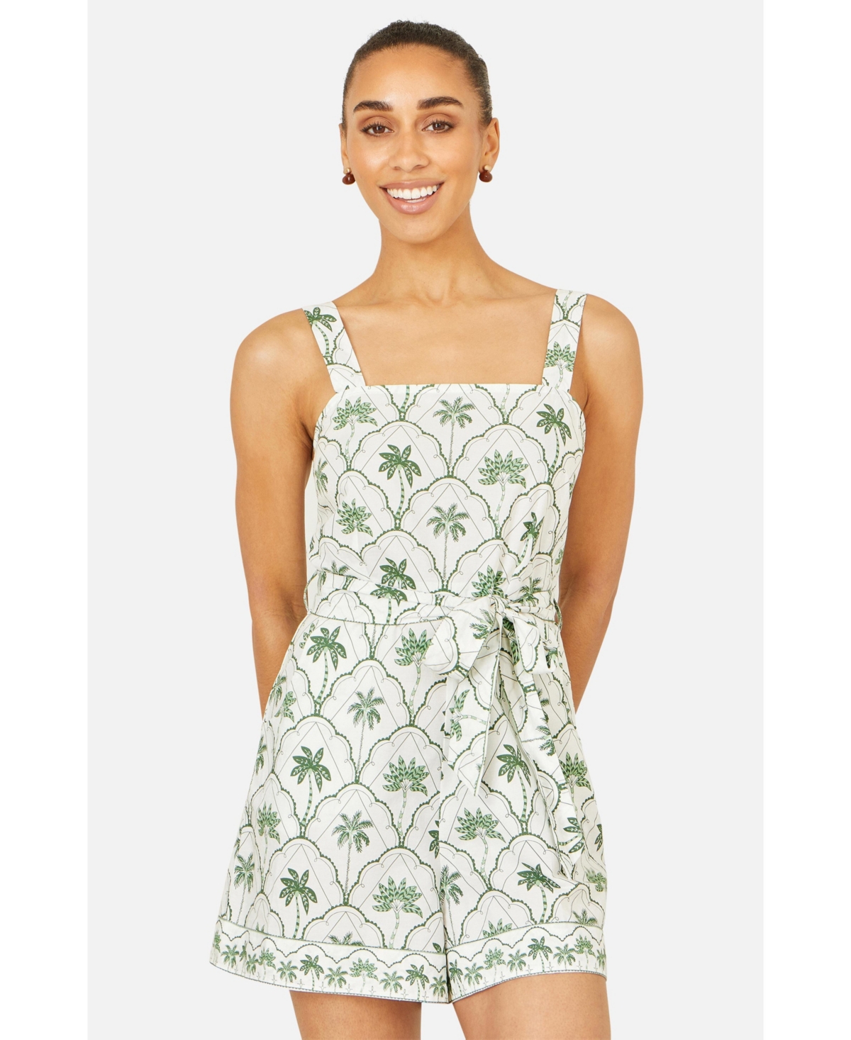 Click here for Yumi Womens Palm Print Cotton Playsuit - White prices