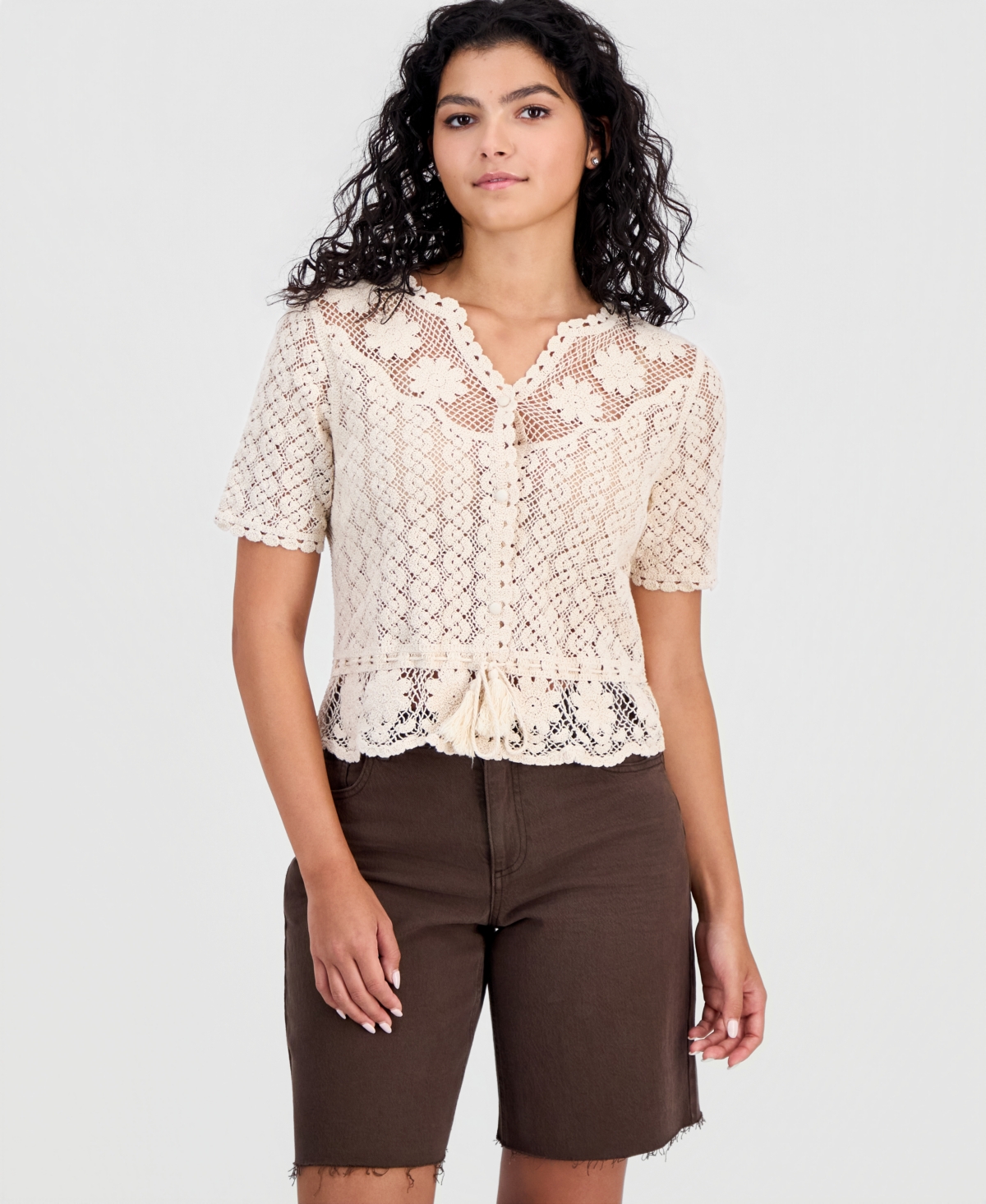 Click here for And Now This Womens Cotton Crochet Button-Front Pe... prices