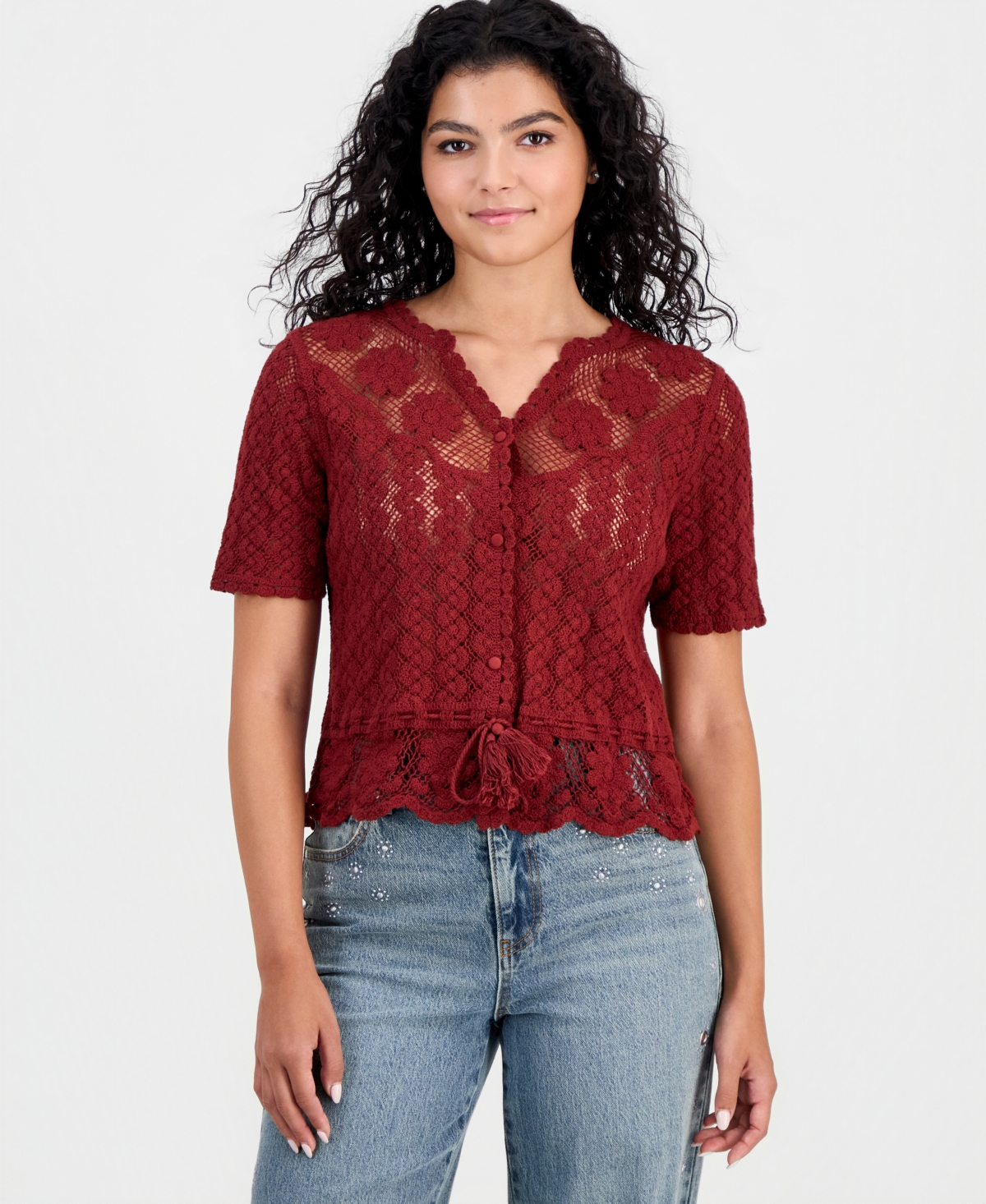 Click here for And Now This Womens Cotton Crochet Button-Front Pe... prices