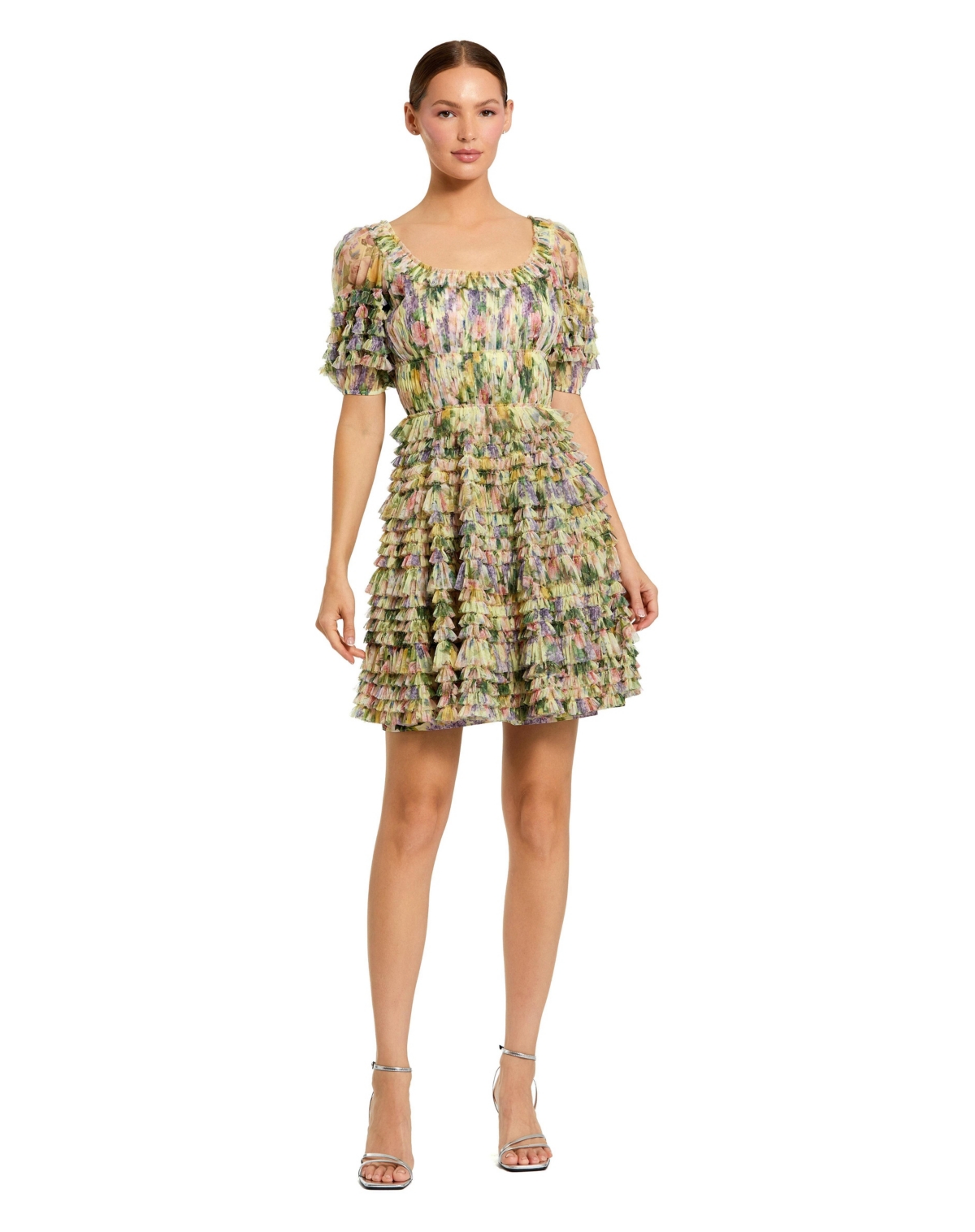 Click here for Mac Duggal Womens Floral Mesh Puff Sleeve Ruffle M... prices
