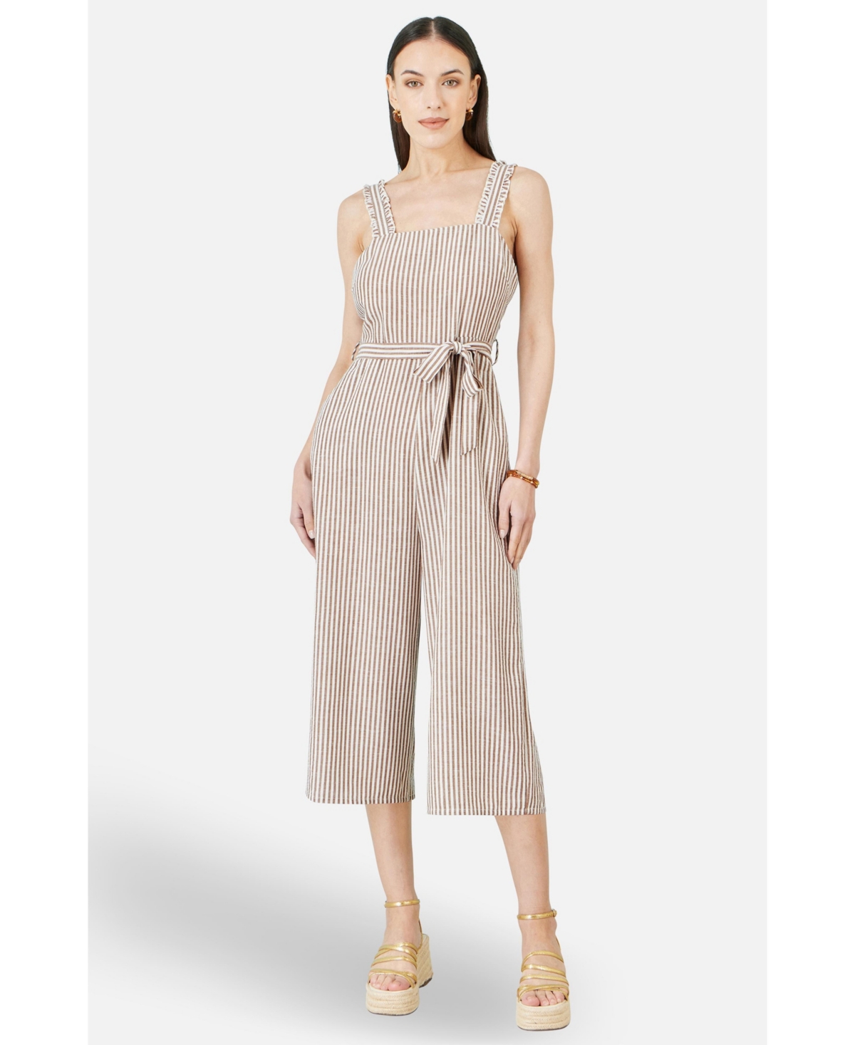 Click here for Yumi Womens Stripe Strappy Jumpsuit - Brown prices