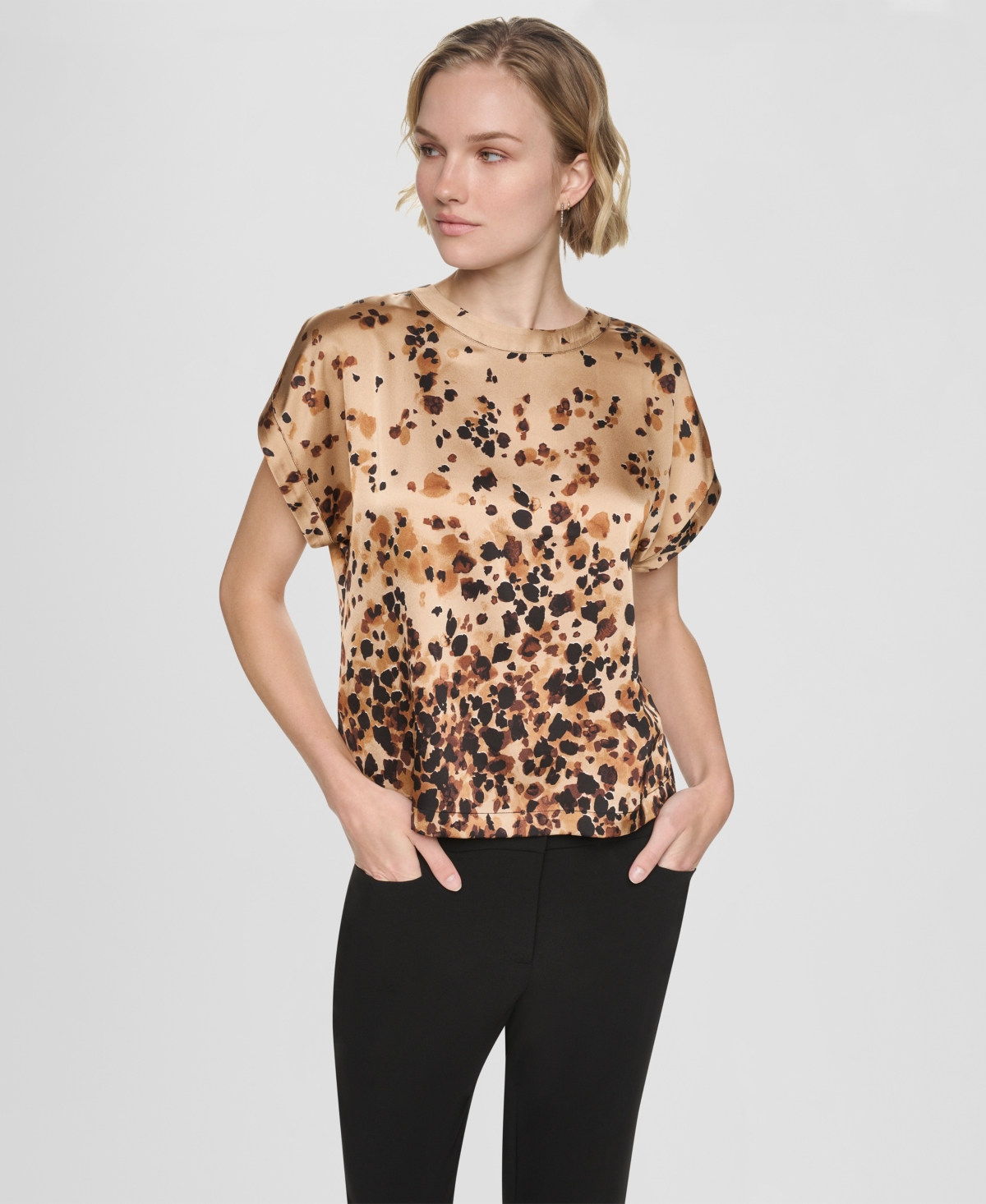 Click here for Dkny Womens Crewneck Keyhole Blouse - Dune/black M... prices