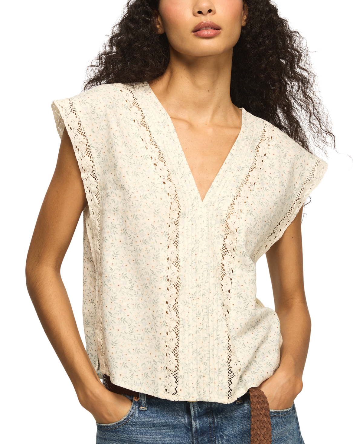 Click here for Lucky Brand Womens Lace Trimmed V-Neck Top - Cream... prices