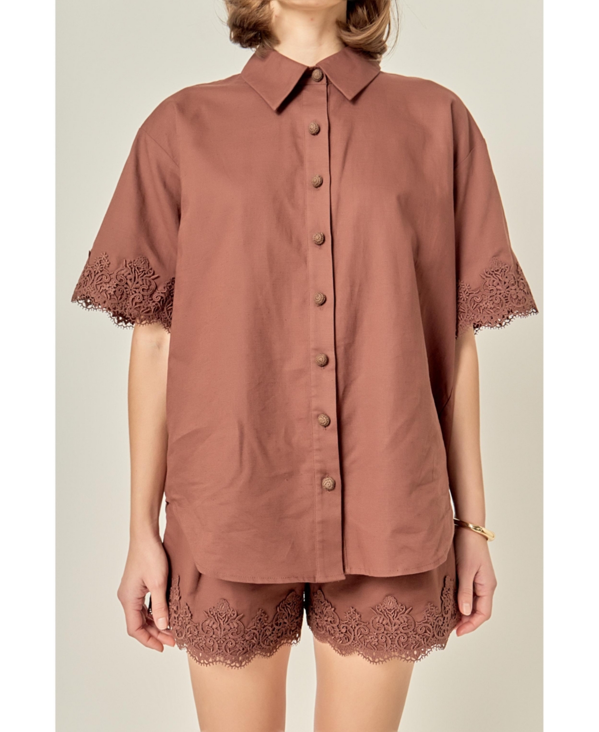 Click here for English Factory Womens Linen Lace Shirt - Chocolat... prices