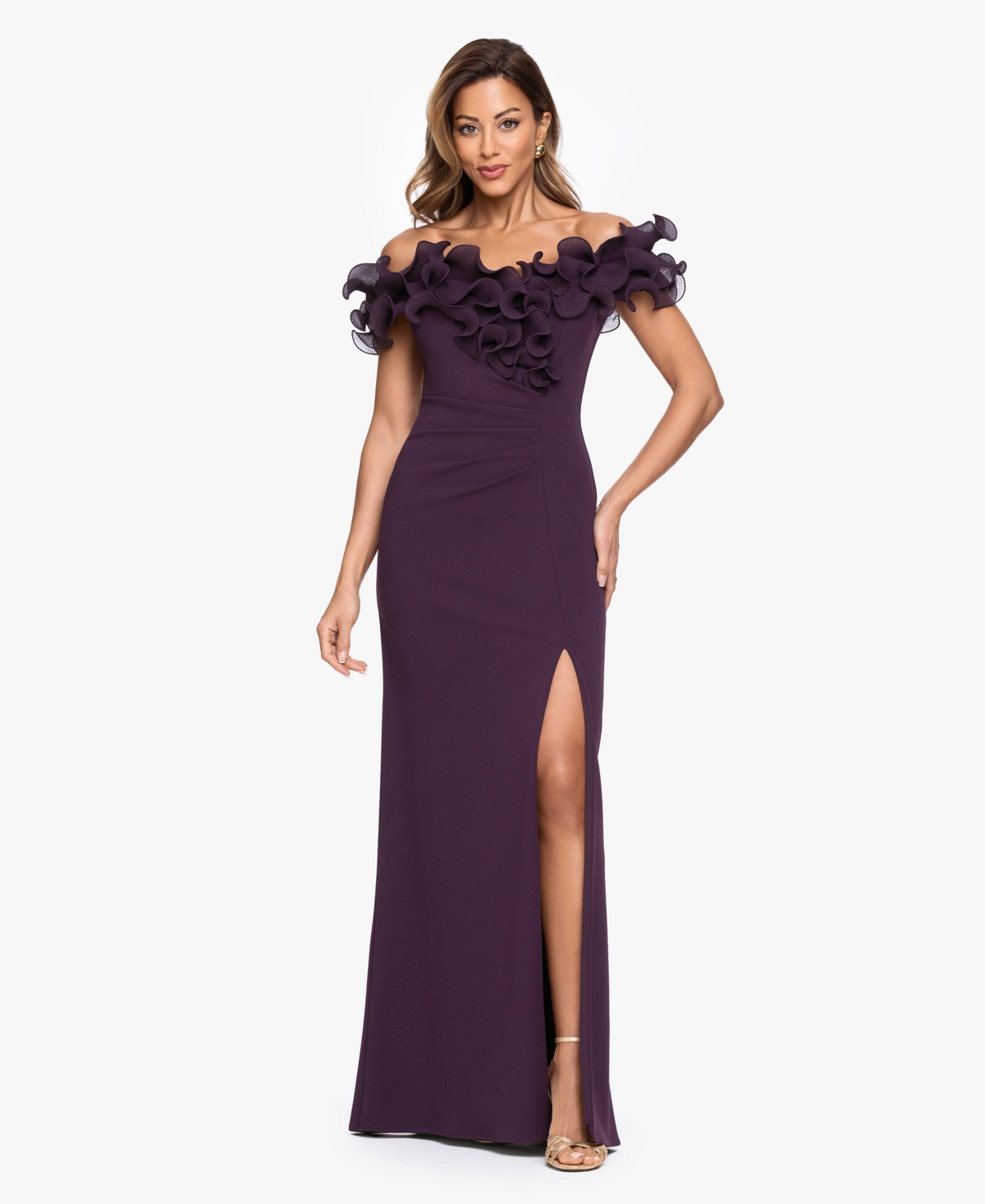 Click here for Xscape Womens Ruffled-Off-The-Shoulder Crepe Gown... prices
