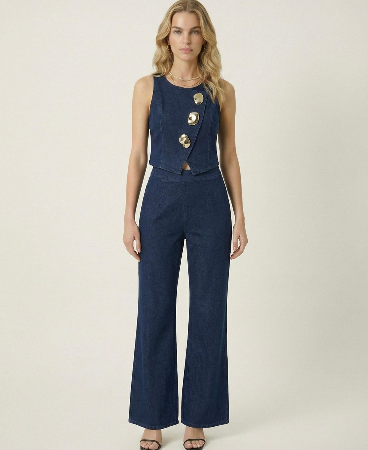 Click here for Modenaire Womens Denim Vest Top And Wide-Leg Pant... prices