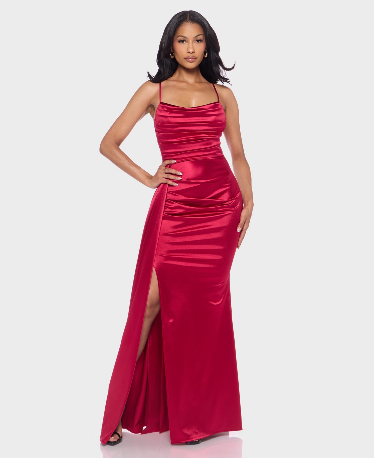 Click here for B Darlin Juniors Satin Cowlneck Gown - CRIMSON prices