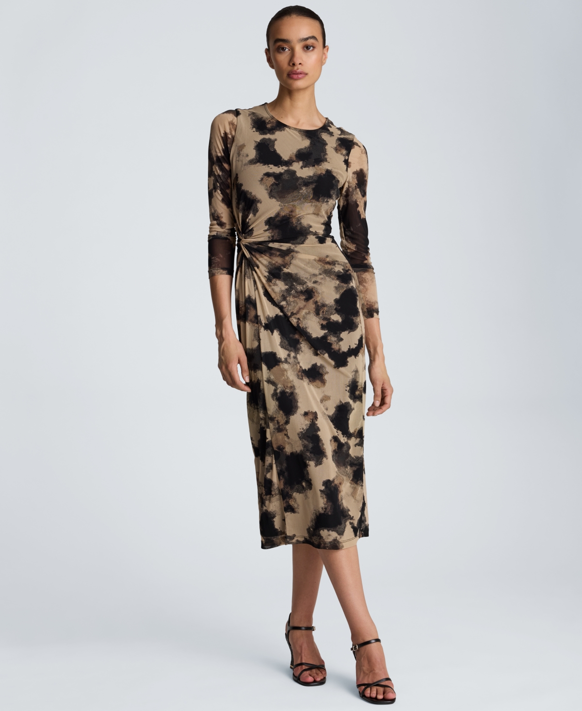Click here for Kenneth Cole Womens Knot Front Printed Mesh Midi D... prices