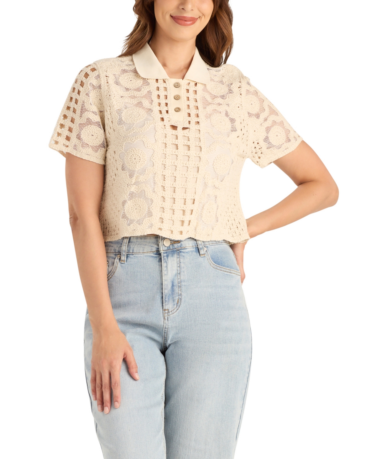 Click here for Bcx Womens Embroidered Crochet Collared Sweater -... prices