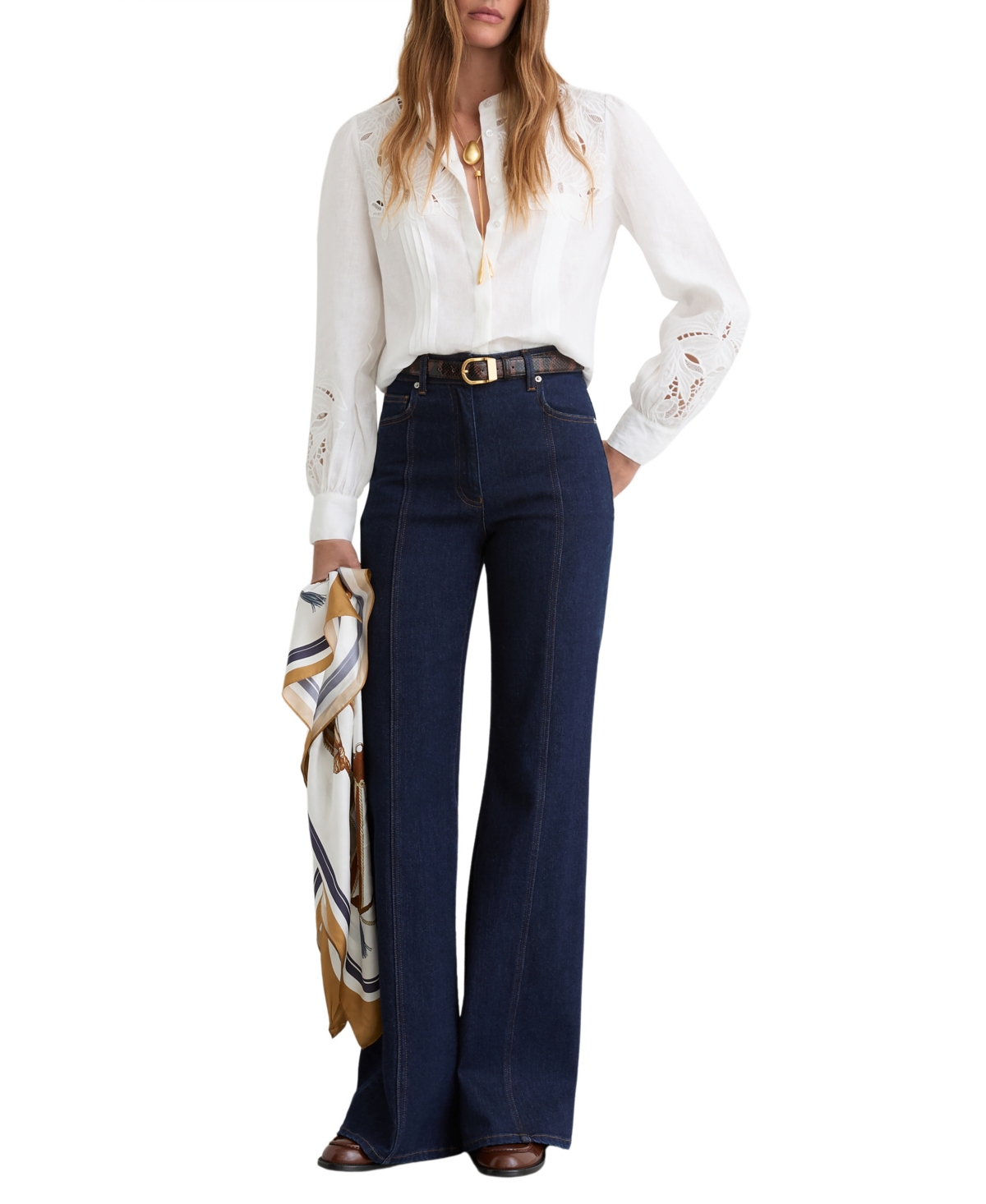 Click here for Reiss Womens Linen Embroidered Blouse Shirt - Ivor... prices