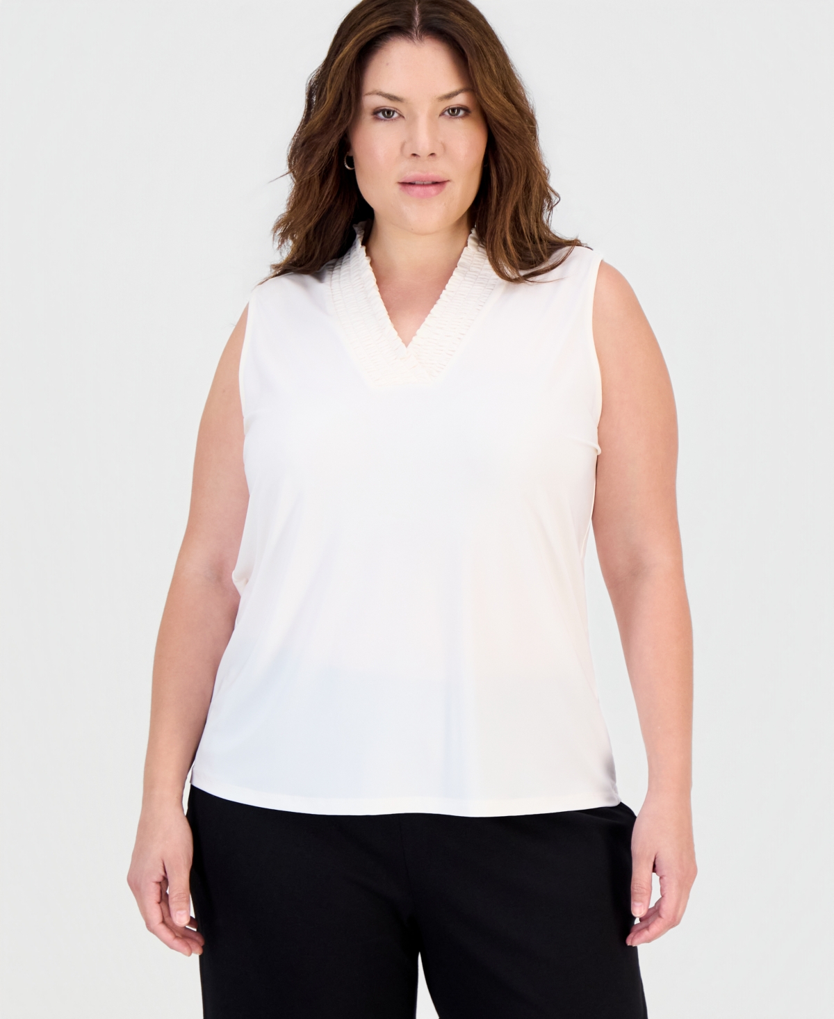Click here for Anne Klein Plus Size Smocked V-Neck Sleeveless Top... prices