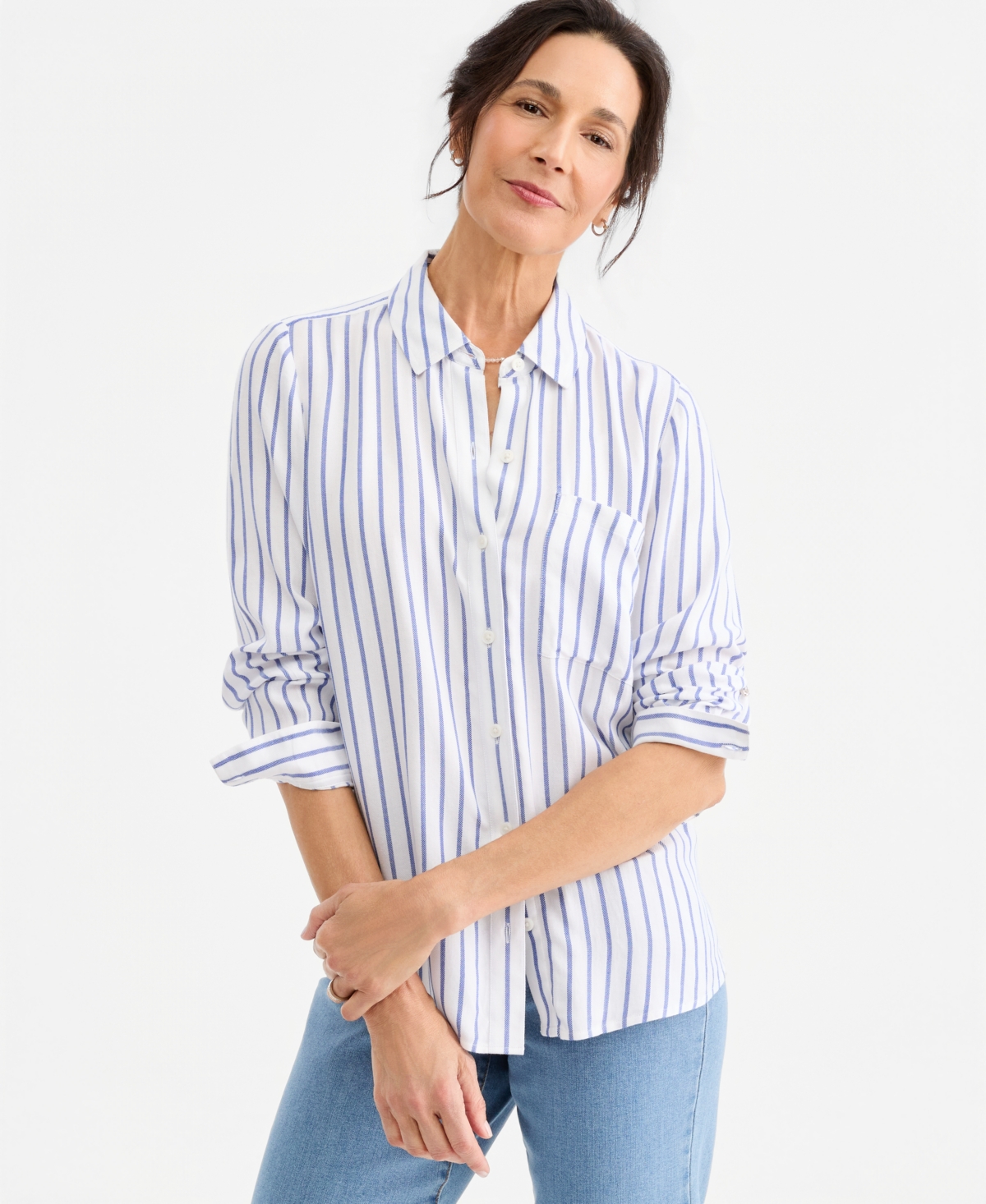 Click here for Style & Co Womens Striped Perfect Shirt  Macys Exc... prices