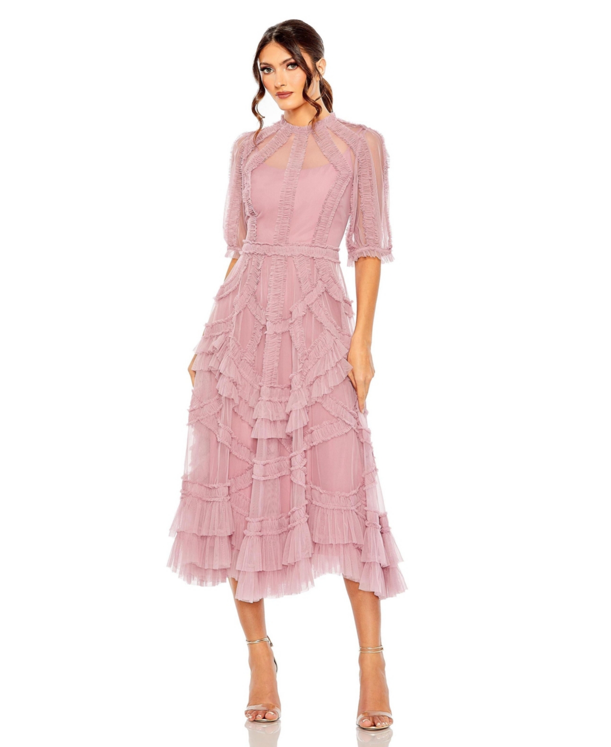 Click here for Mac Duggal Womens High Neck Puff Sleeve Ruffle Tie... prices