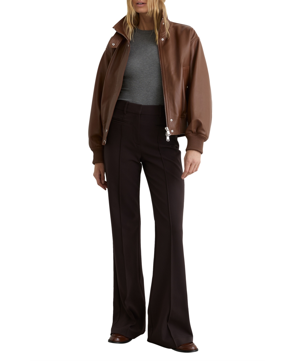 Click here for Reiss Womens Leather Funnel-Neck Bomber Jacket - C... prices