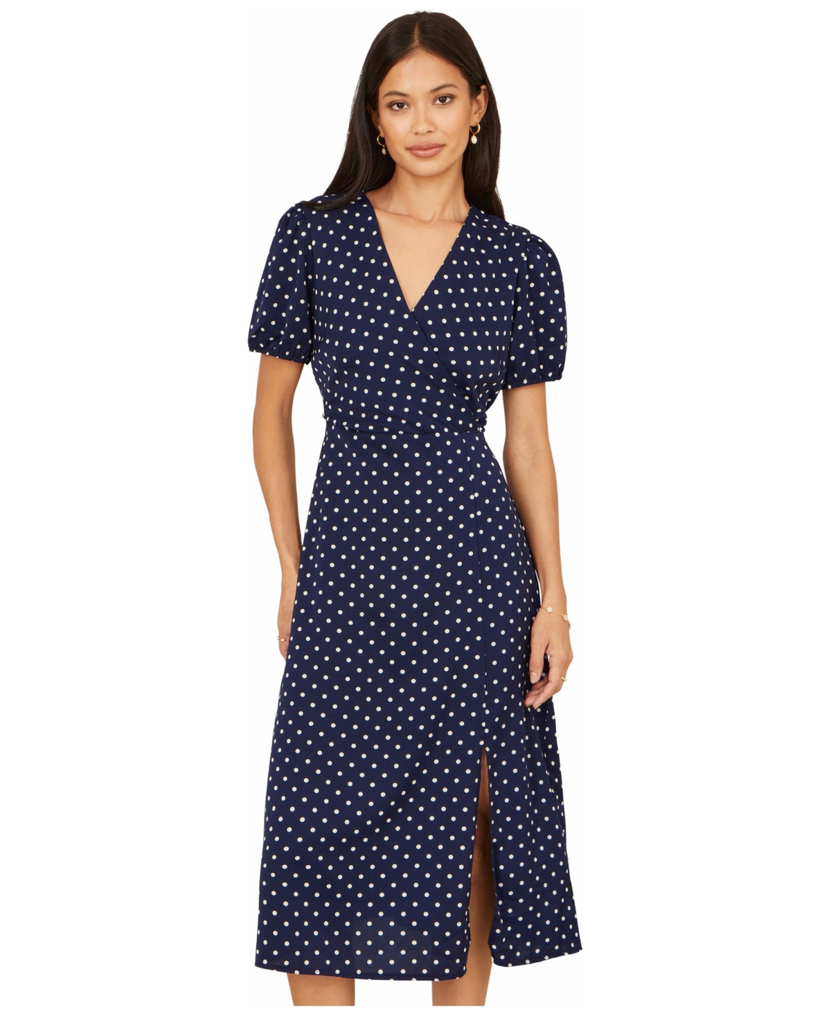 Click here for Yumi Womens Spot Wrap Midi Tea Dress - Navy prices